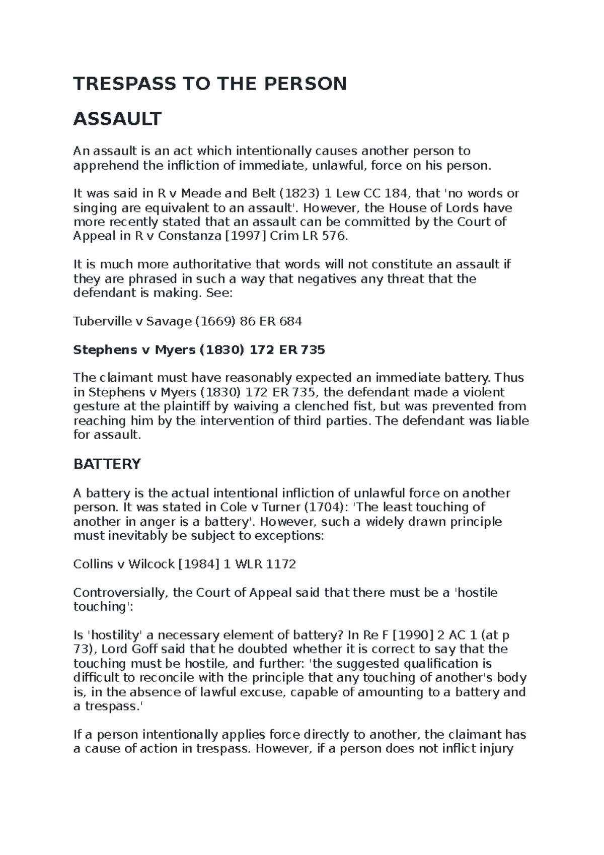 Trespass to the person - TRESPASS TO THE PERSON ASSAULT An assault is ...