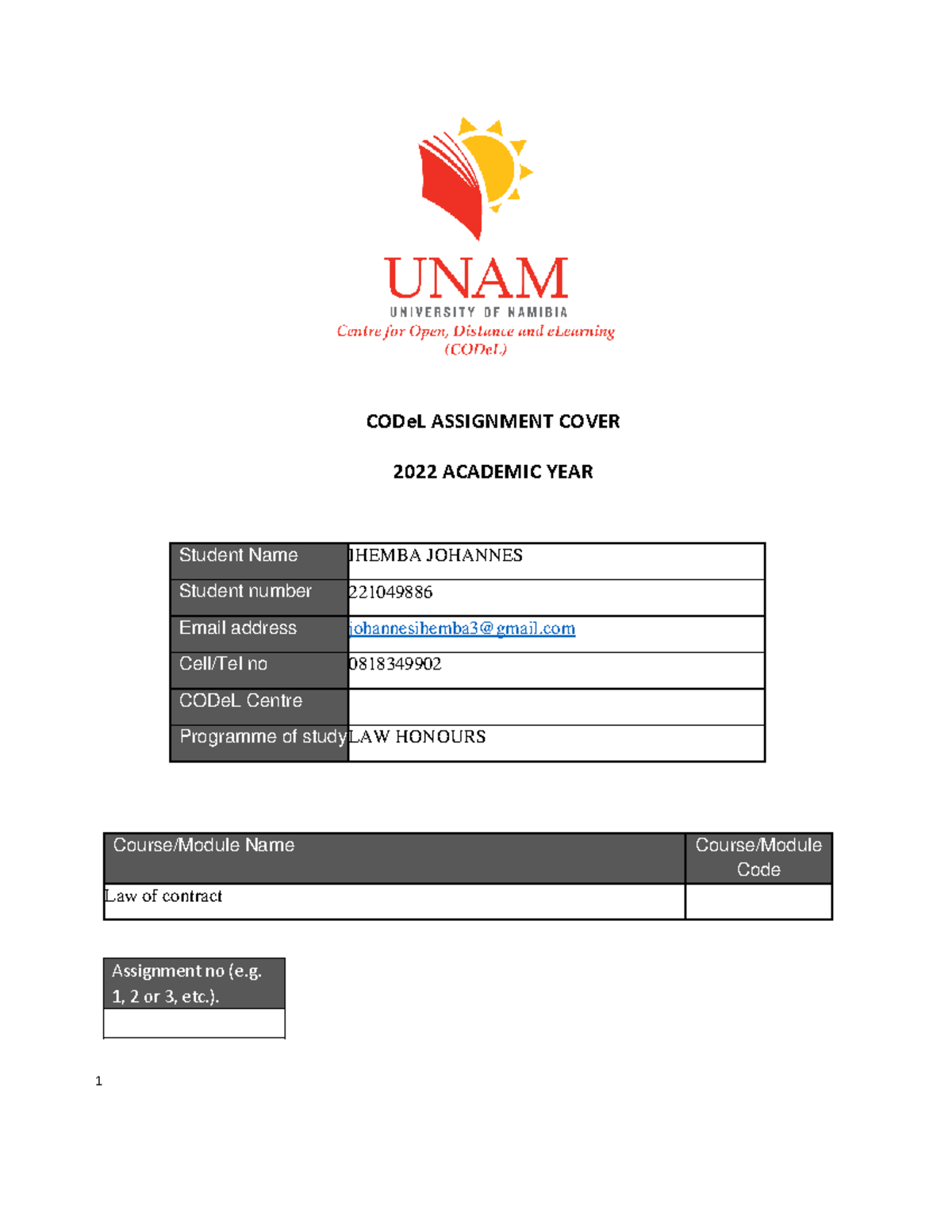 Contract law assignment 1 - CODeL ASSIGNMENT COVER 2022 ACADEMIC YEAR ...