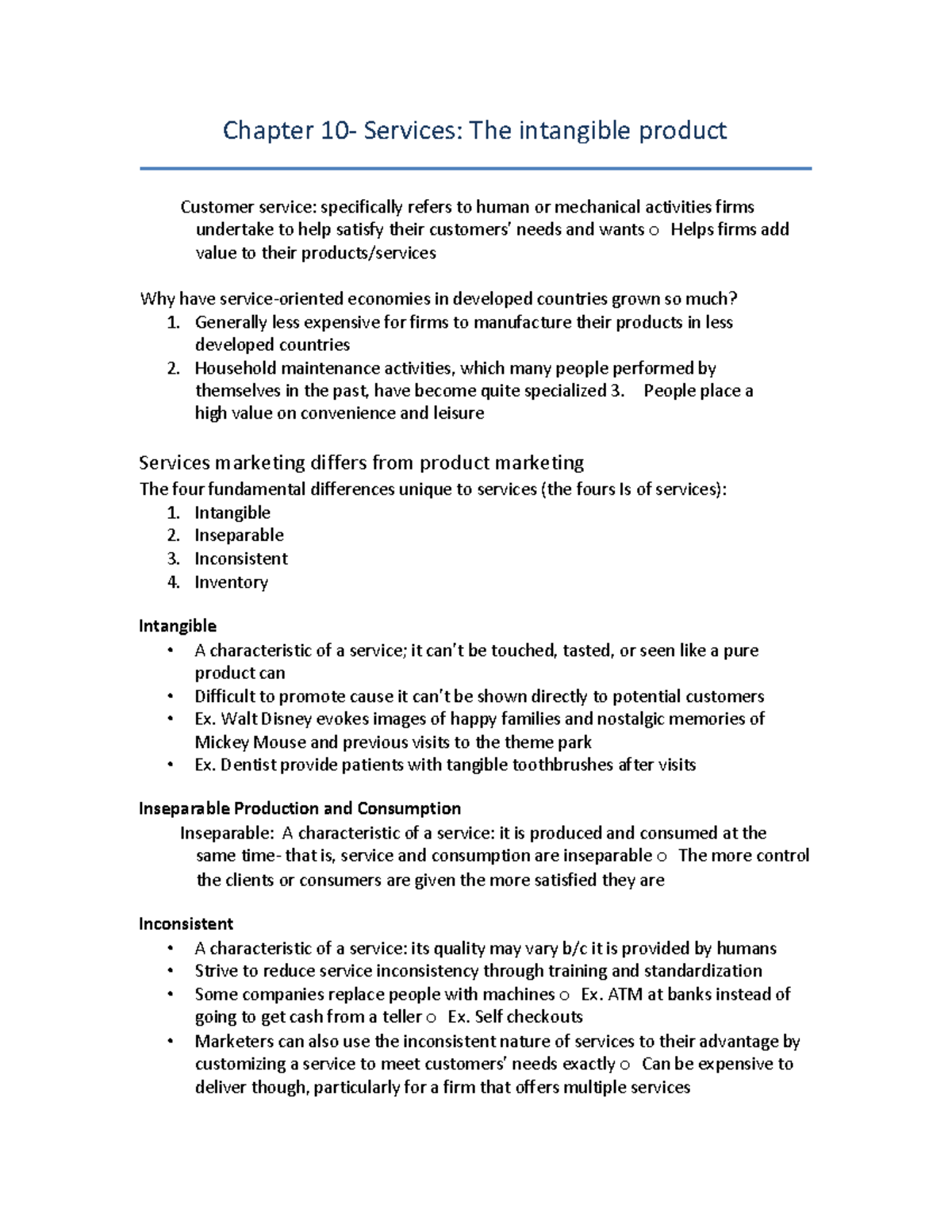 BU352 Notes-4 - Chapter 10- Services: The intangible product Customer ...