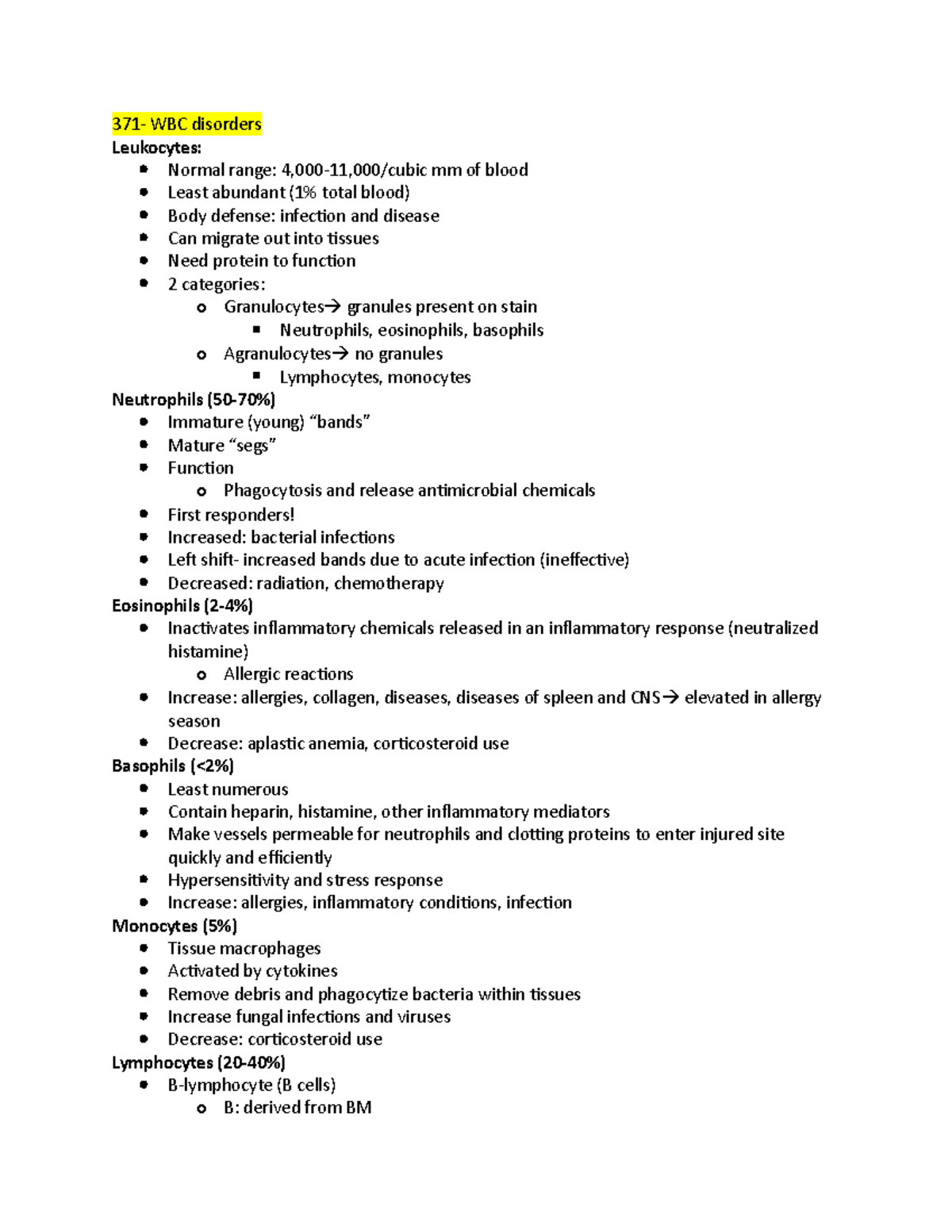 371 WBC Disorders 371 WBC Disorders Leukocytes Normal Range 4 000