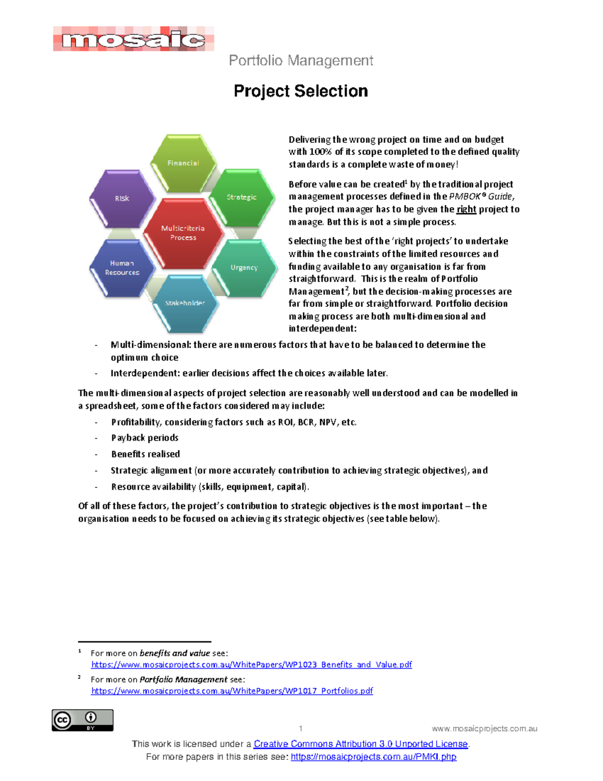 P033 Project Selection - Project Selection 1 mosaicprojects.com This ...