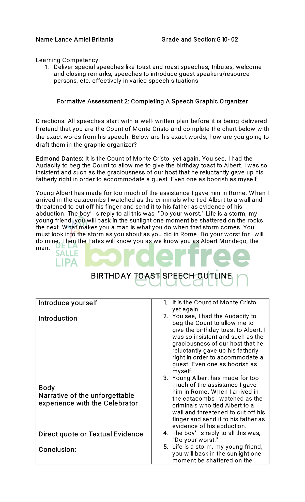 Britania Completing A Speech Graphic Organizer - N a me : L a n c e A ...