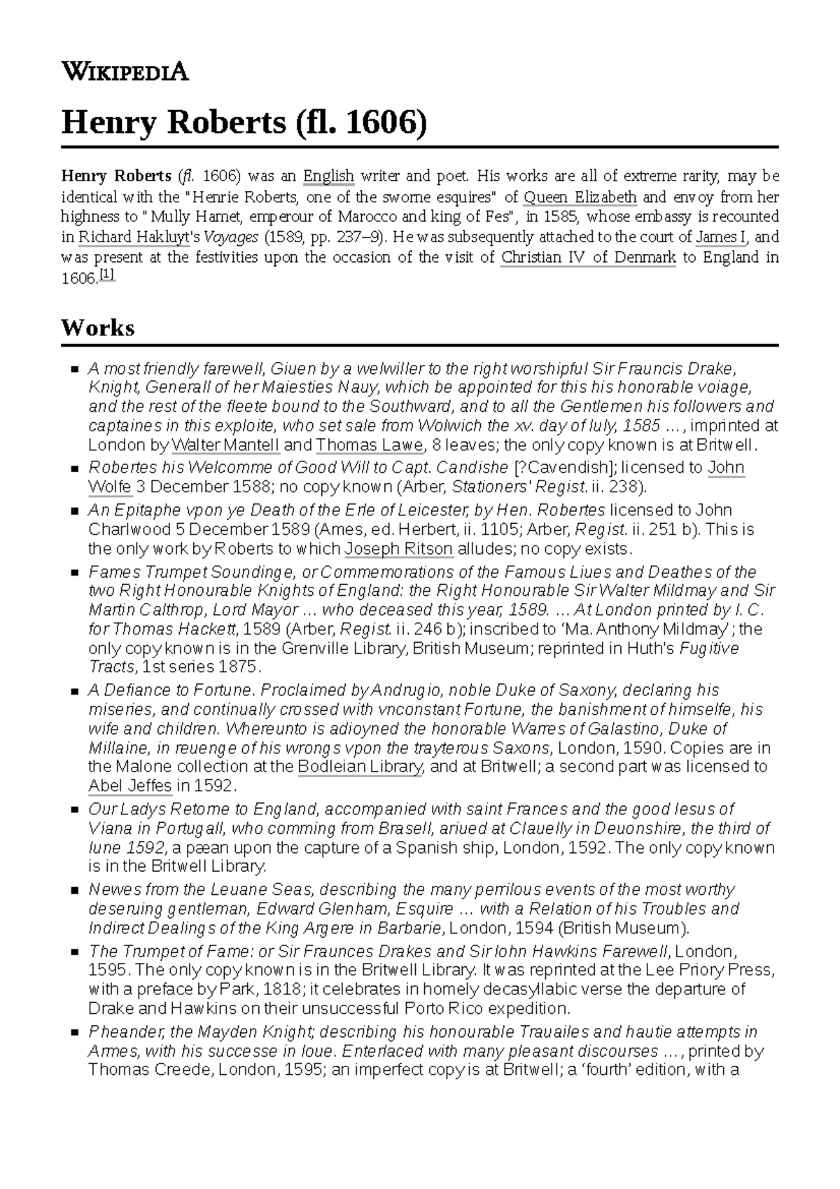 Henry Roberts (fl - 1606) Henry Roberts (fl. 1606) was an English ...