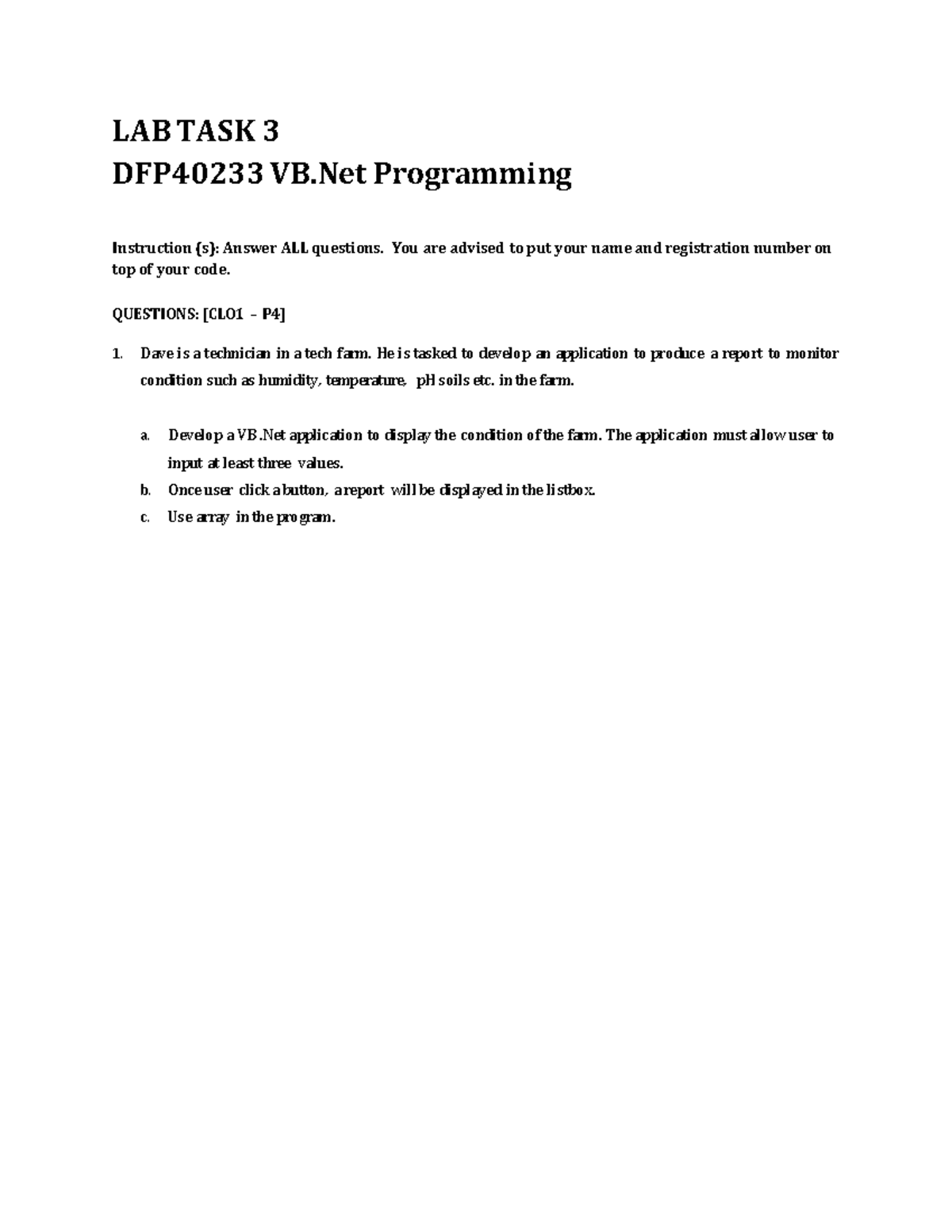 Dfp40233 Vbnet Programming Lab Task 3 Lab Task 3 Dfp40233 Vb Programming Instruction S