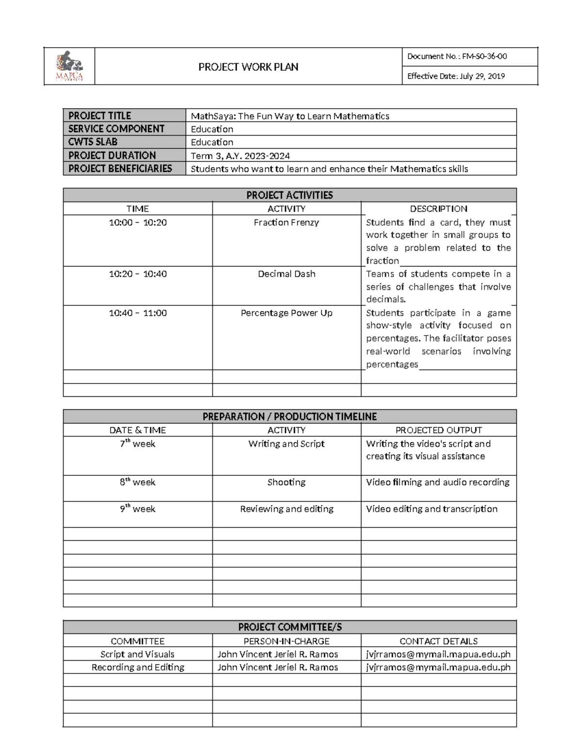Project Work Plan - PROJECT WORK PLAN Document No.: FM-S0-36- Effective ...
