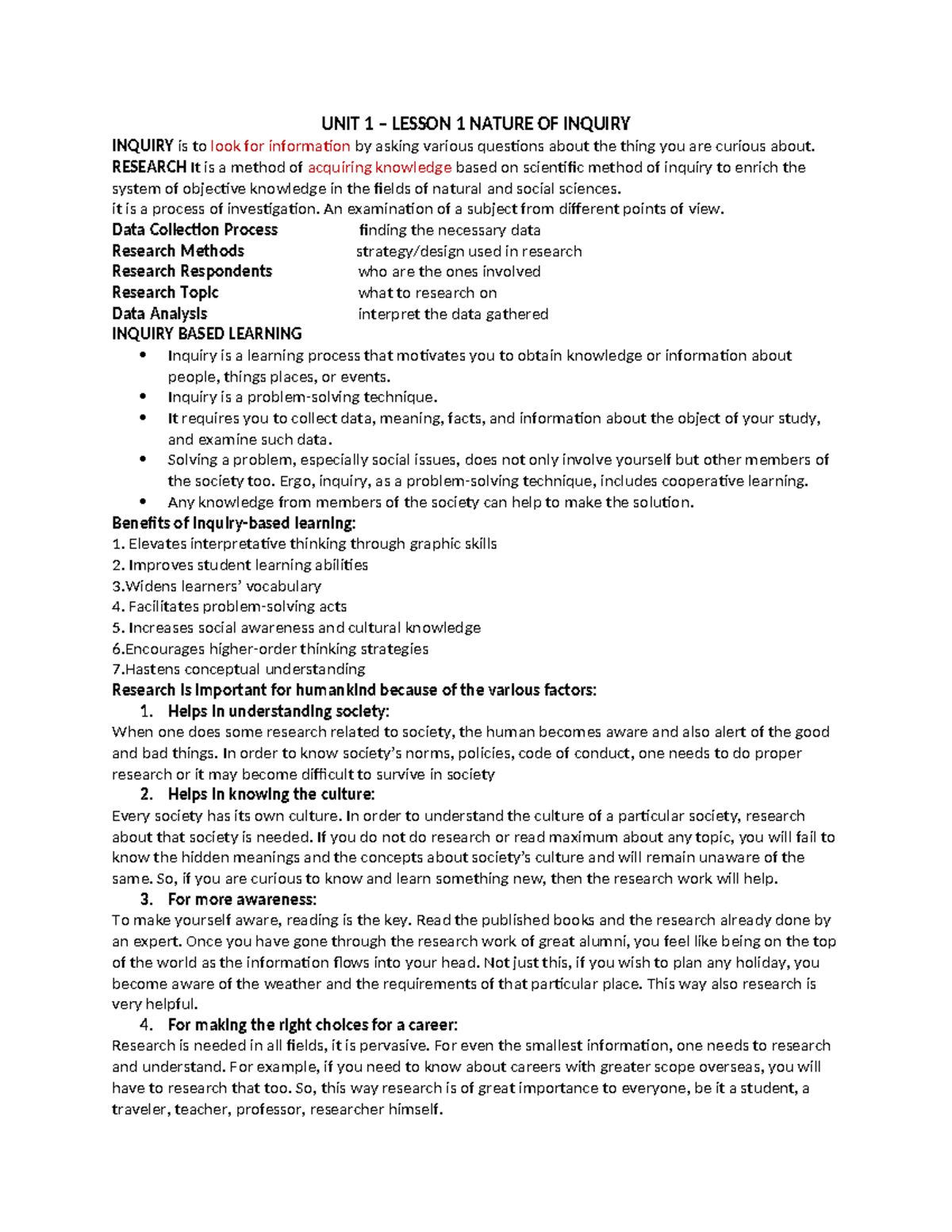 Research notes - UNIT 1 – LESSON 1 NATURE OF INQUIRY INQUIRY is to look ...