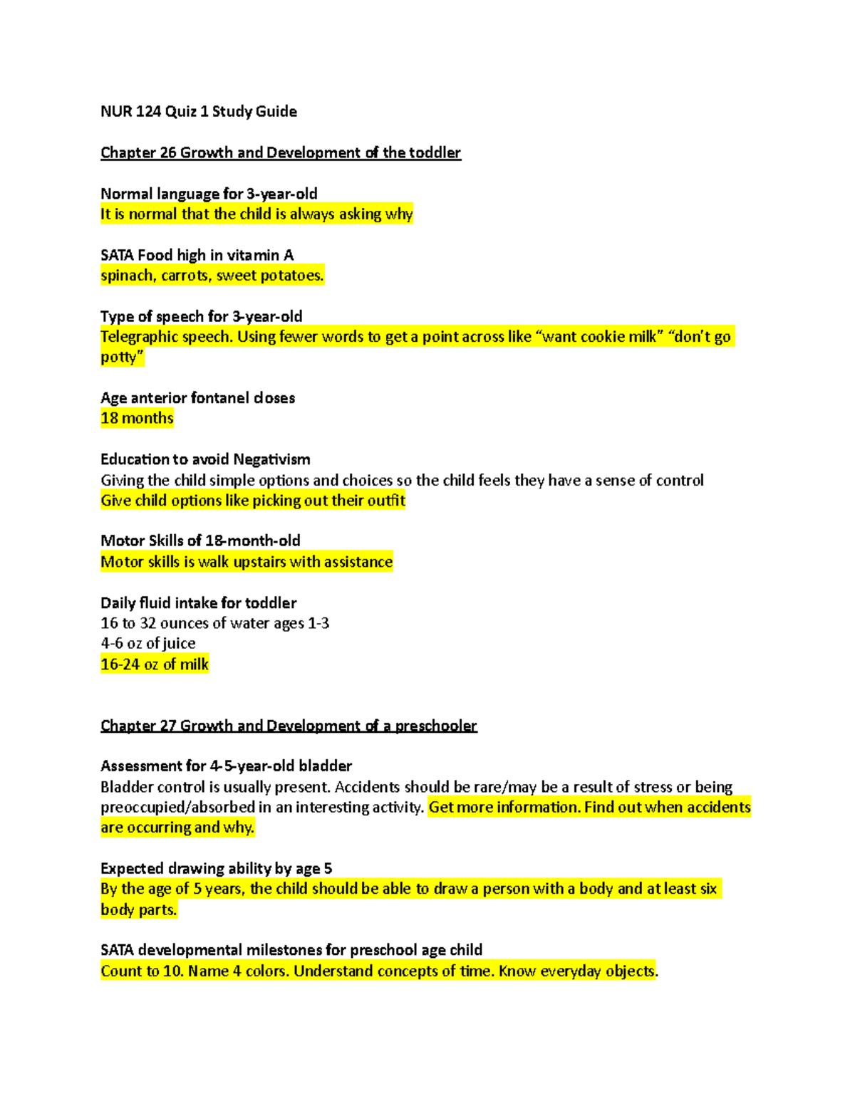 NUR 124 Quiz 1 Study Guide - NUR 124 Quiz 1 Study Guide Chapter 26 ...