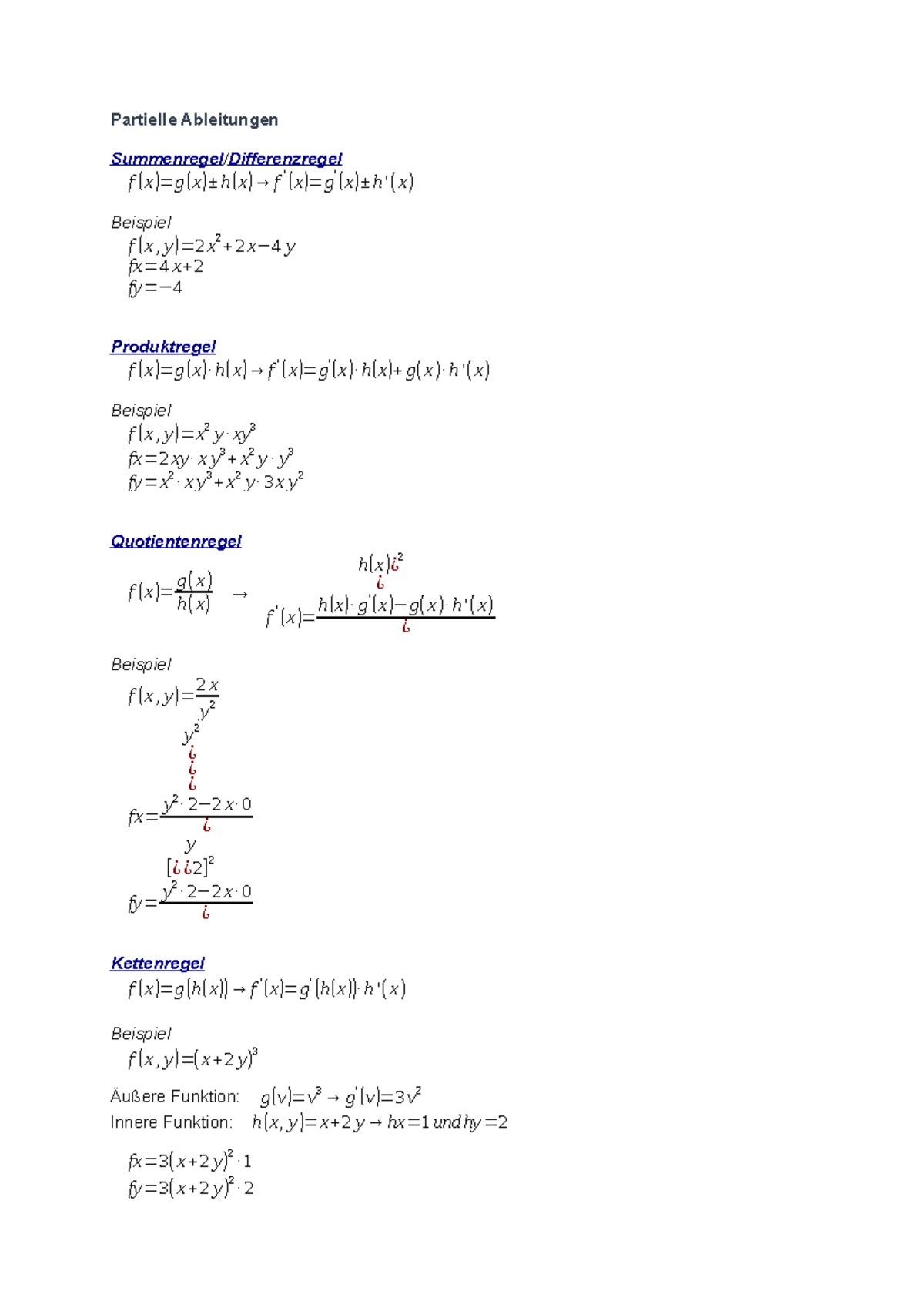 Partielle Ableitungen - Partielle Ableitungen Summenregel/Differenzregel f ( x )=g ( x ) ±h ( x ...