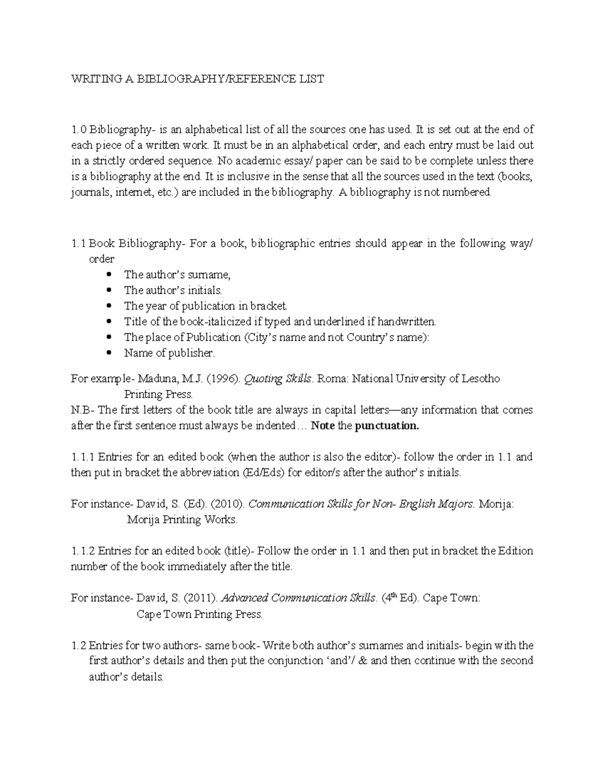 Writing A Bibliography - WRITING A BIBLIOGRAPHY/REFERENCE LIST 1 ...