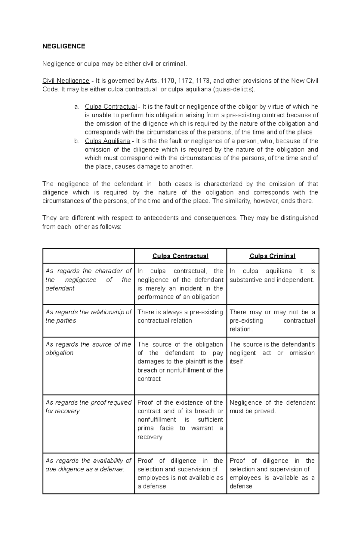 Negligence - NEGLIGENCE Negligence or culpa may be either civil or ...