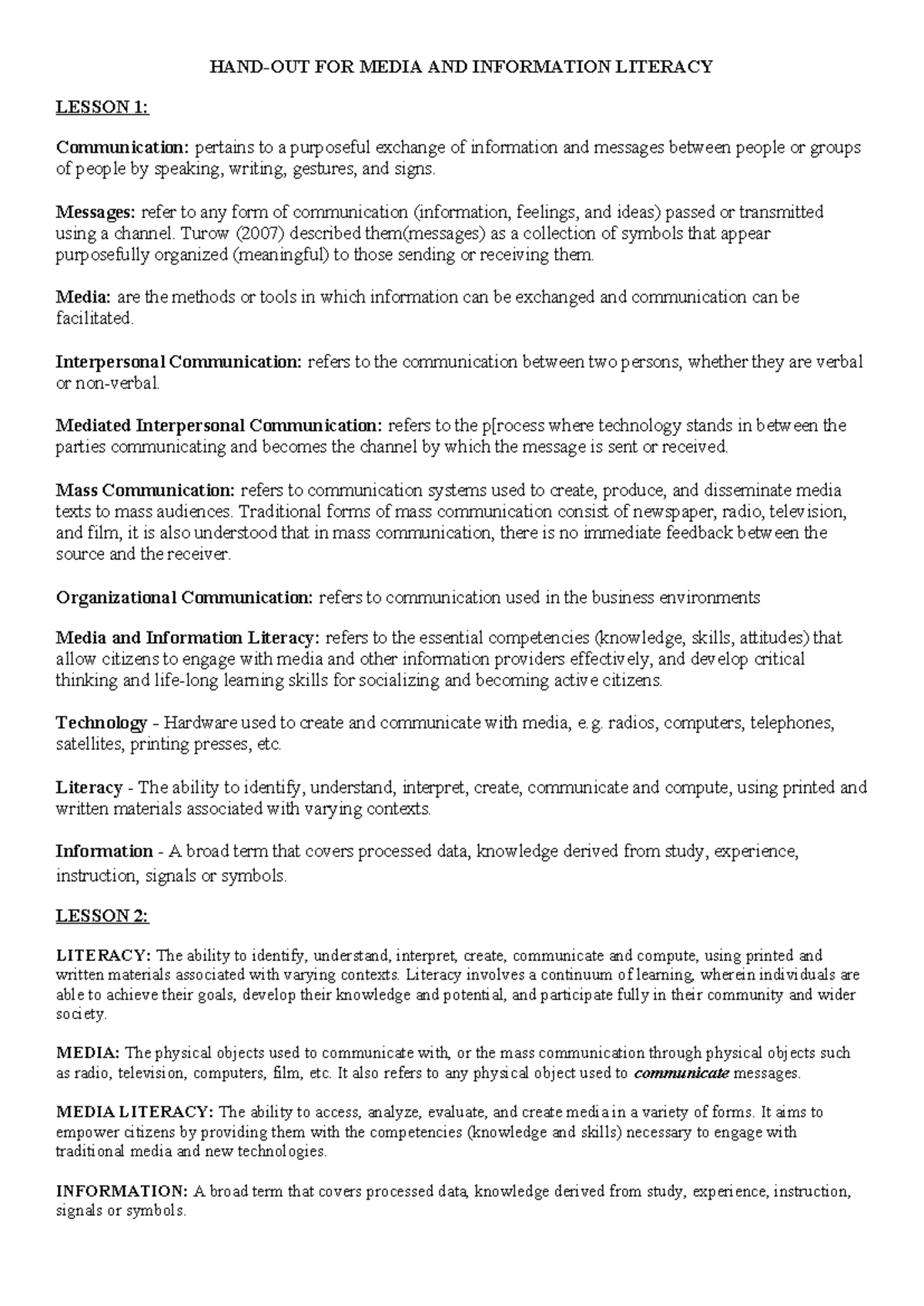 Handout - hhh - HAND-OUT FOR MEDIA AND INFORMATION LITERACY LESSON 1 ...