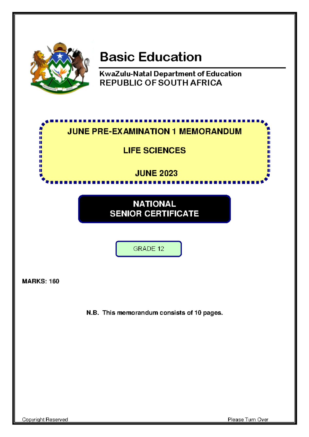 LIFE Sciences JUNE PRE-TEST MEMO 1 - Copyright Reserved Please Turn ...