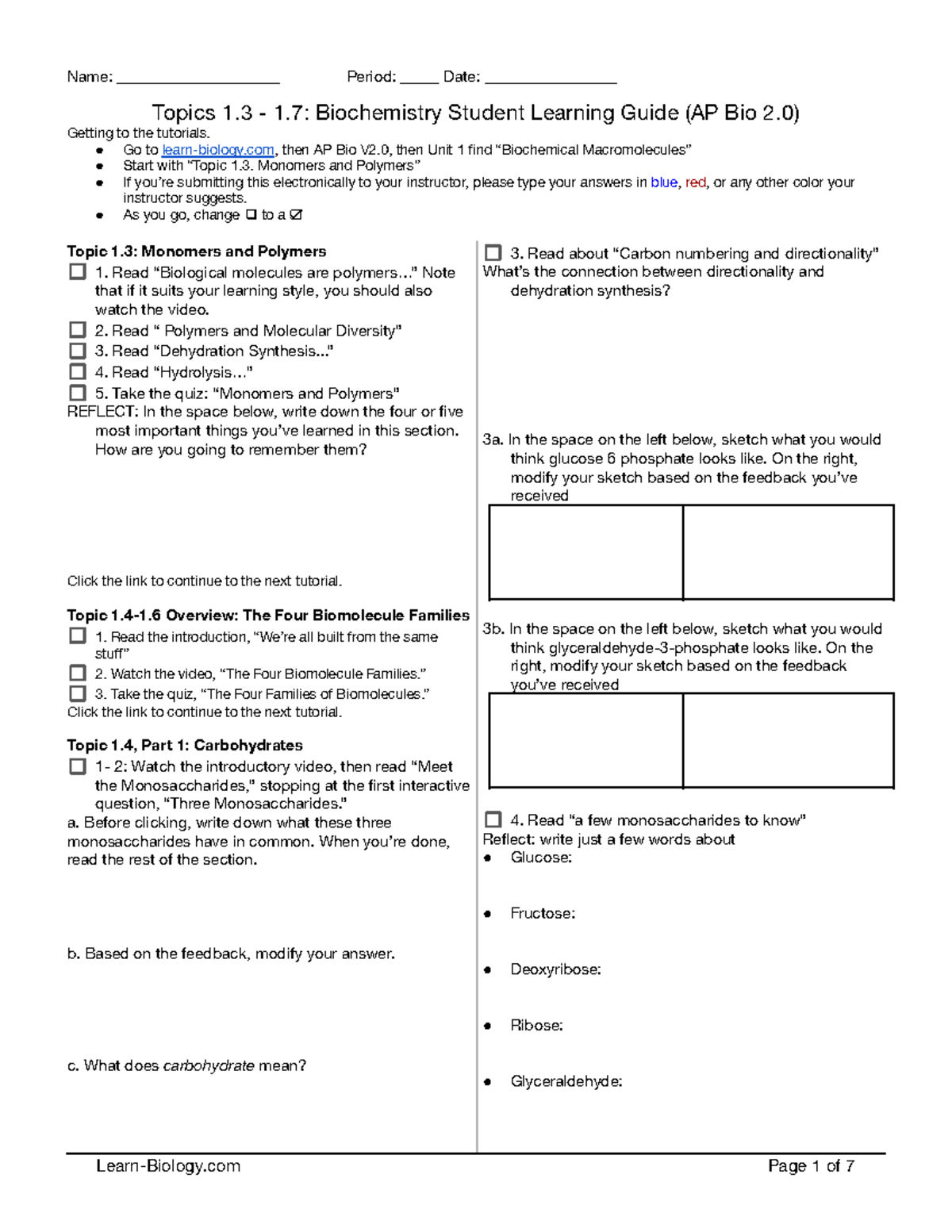 1.3 - 1.7, Biochemistry Student Learning Guide (AP Bio V2 - HT 70 ...