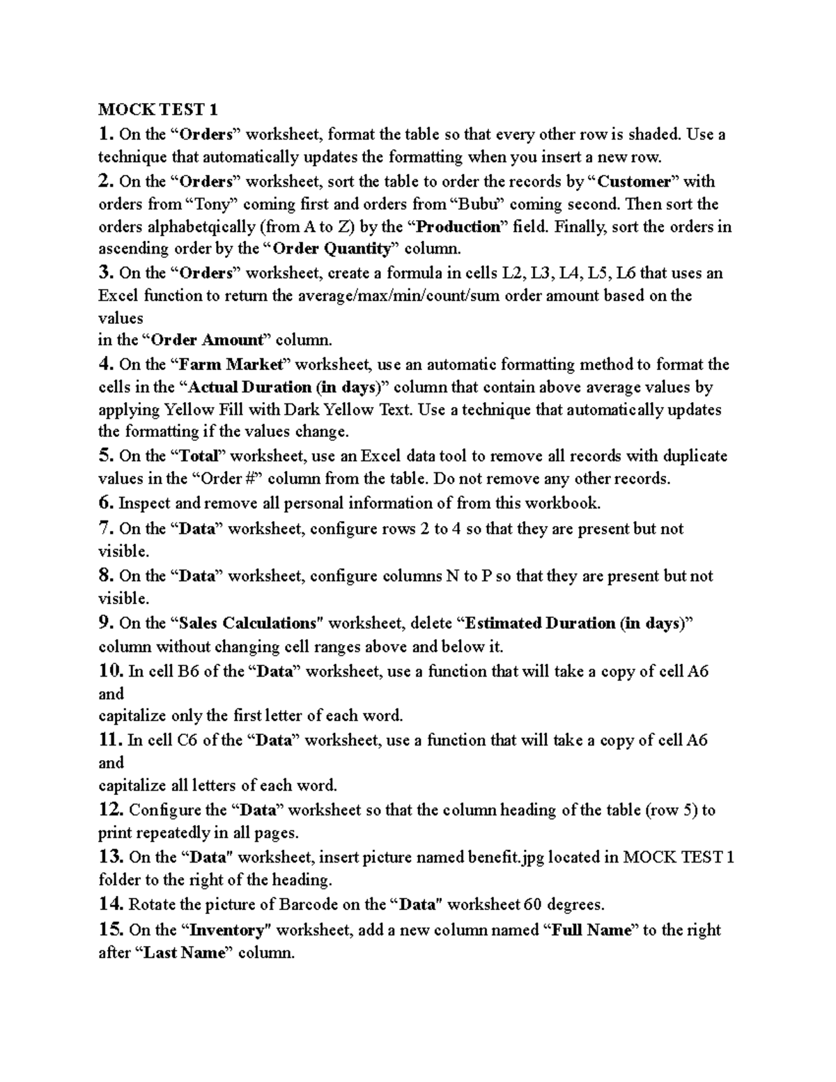 MOCK TEST 1 Excel - sdfwVEcwe - MOCK TEST 1 1. On the “Orders ...