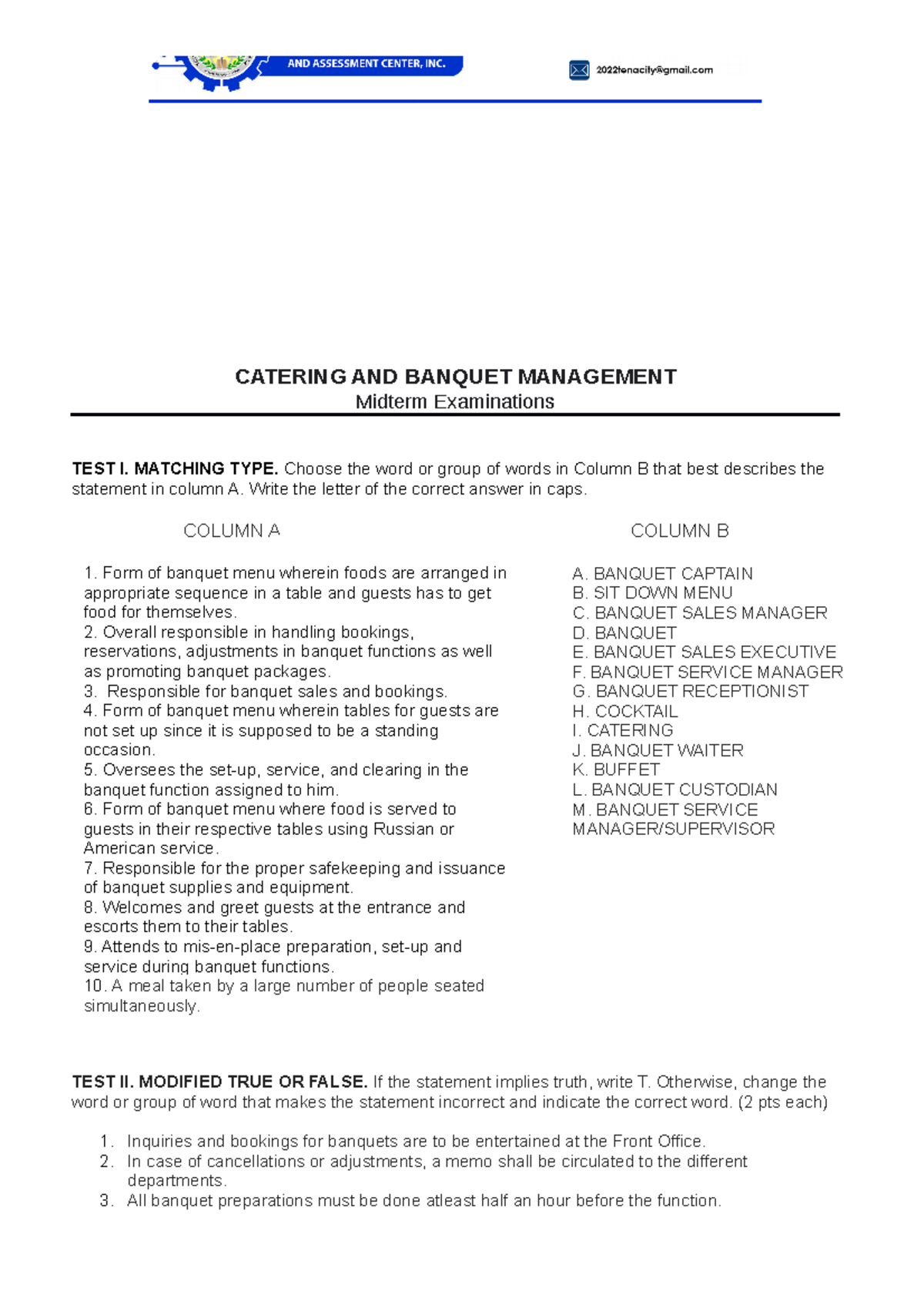 Catering - this is a sample test question - CATERING AND BANQUET ...