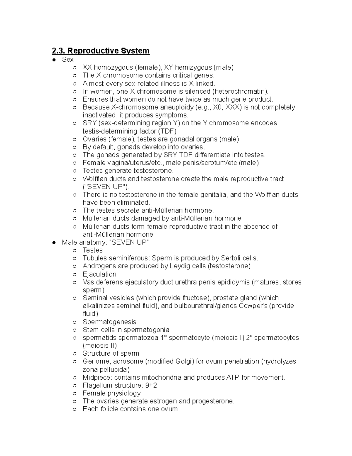 Reproductive System - notes - 2. Reproductive System Sex XX homozygous ...
