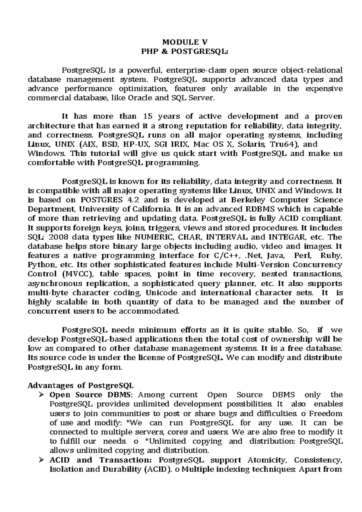 Php 5 th module - long notes - MODULE V PHP & POSTGRESQL: PostgreSQL is ...