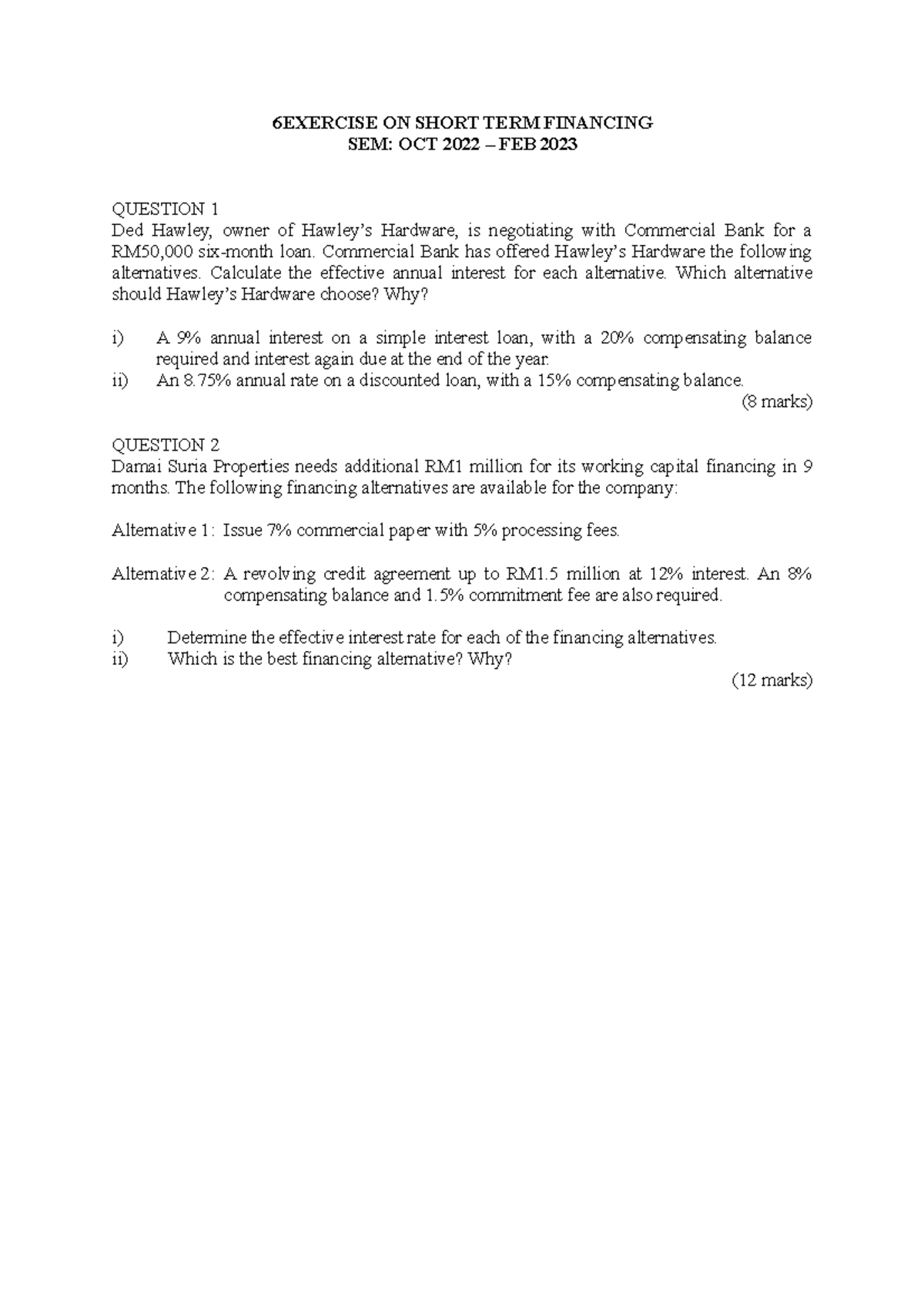 Exercise ON Short TERM Financing answers - 6EXERCISE ON SHORT TERM ...