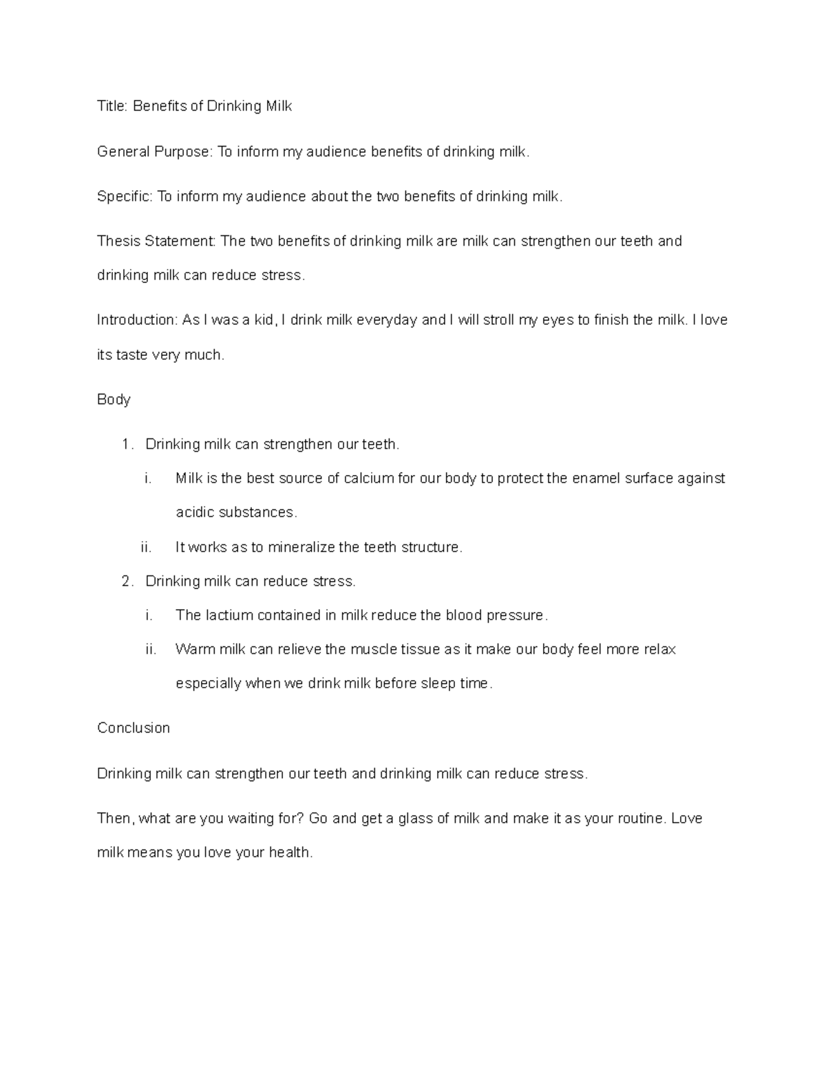 Informative speech - Title: Benefits of Drinking Milk General Purpose ...