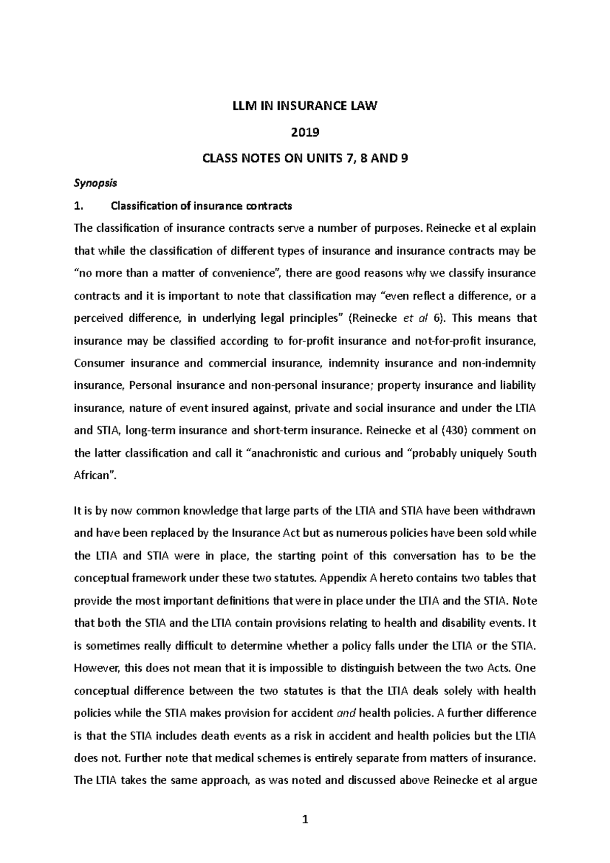 Insurance Law Notes - LLM IN INSURANCE LAW 2019 CLASS NOTES ON UNITS 7 ...