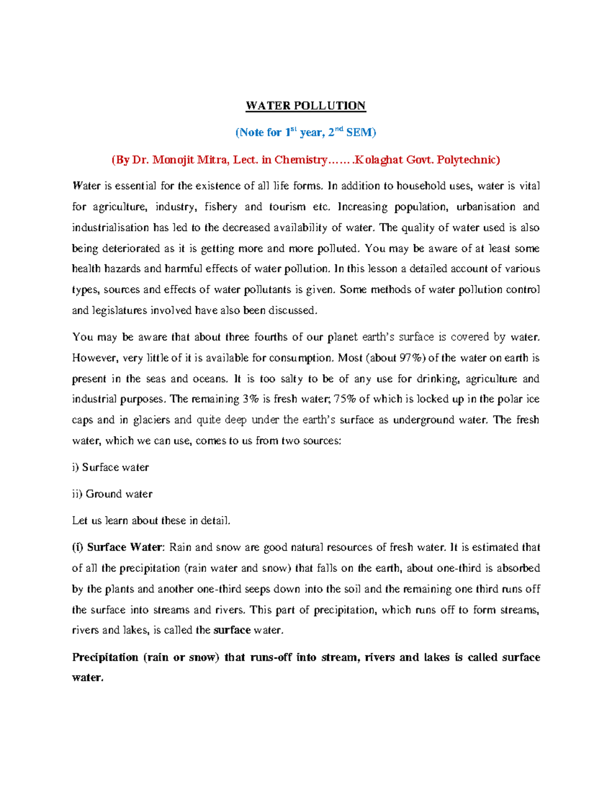 Water Polution MM 2nd SEM 1st year - WATER POLLUTION (Note for 1st year ...
