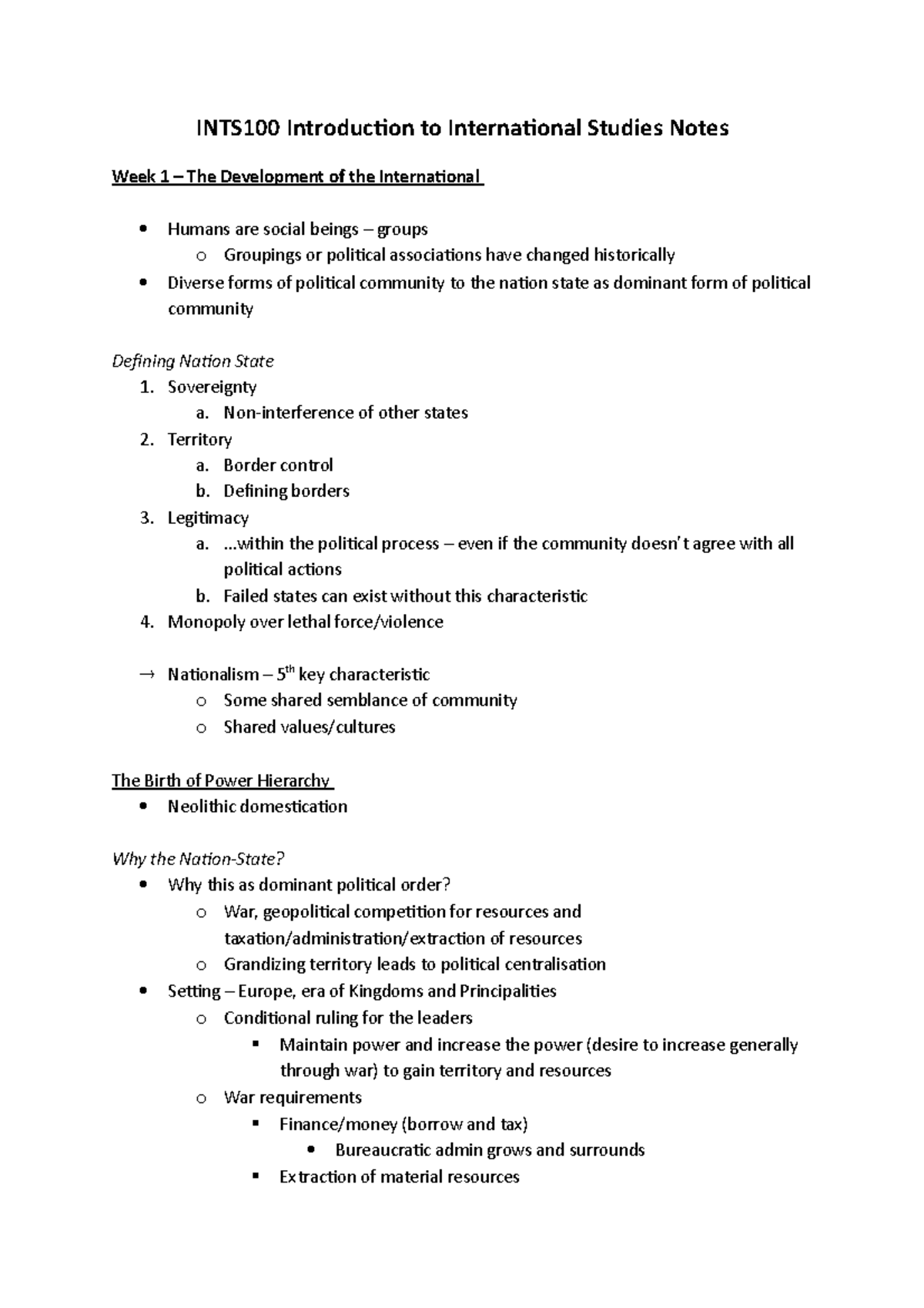 INTS100 Notes - INTS100 Introduction to International Studies Notes ...