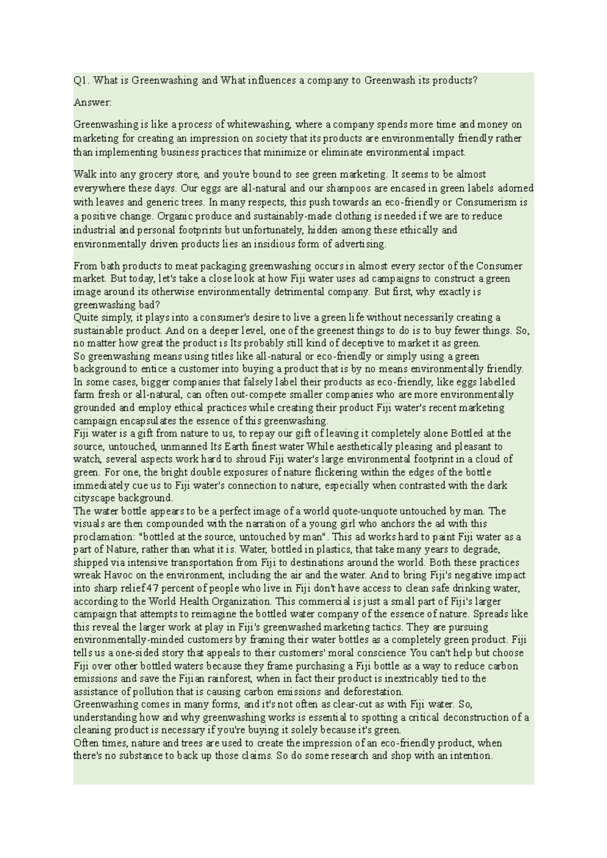 CSR Assignment - CSR: Greenwashing and an example of it - Q1. What is ...