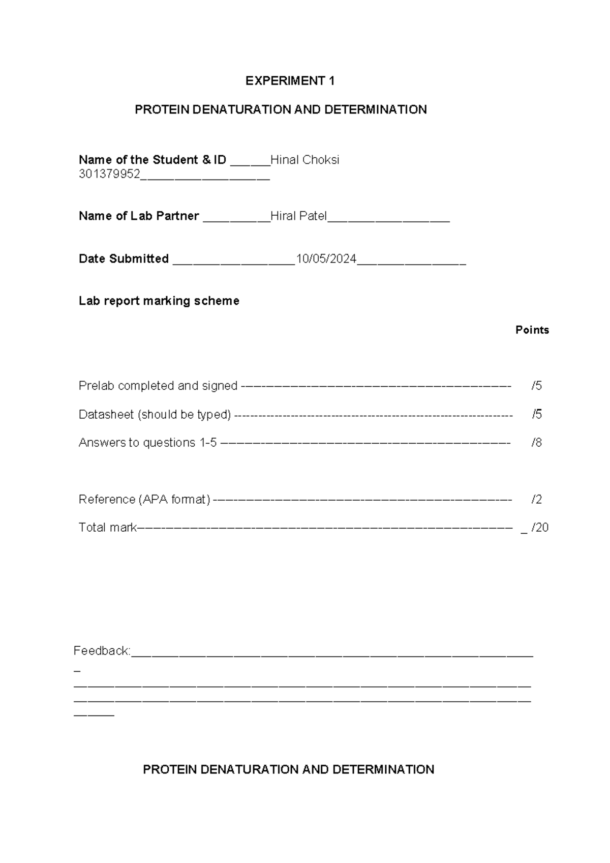 Food Chemistry Pre-lab - EXPERIMENT 1 PROTEIN DENATURATION AND ...