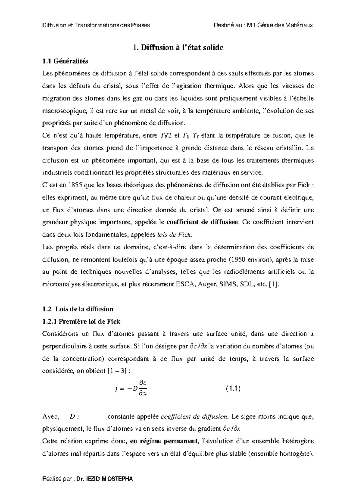 Cours 1 diff et trans - 1. Diffusion à l’état solide - 1. Diffusion à l ...