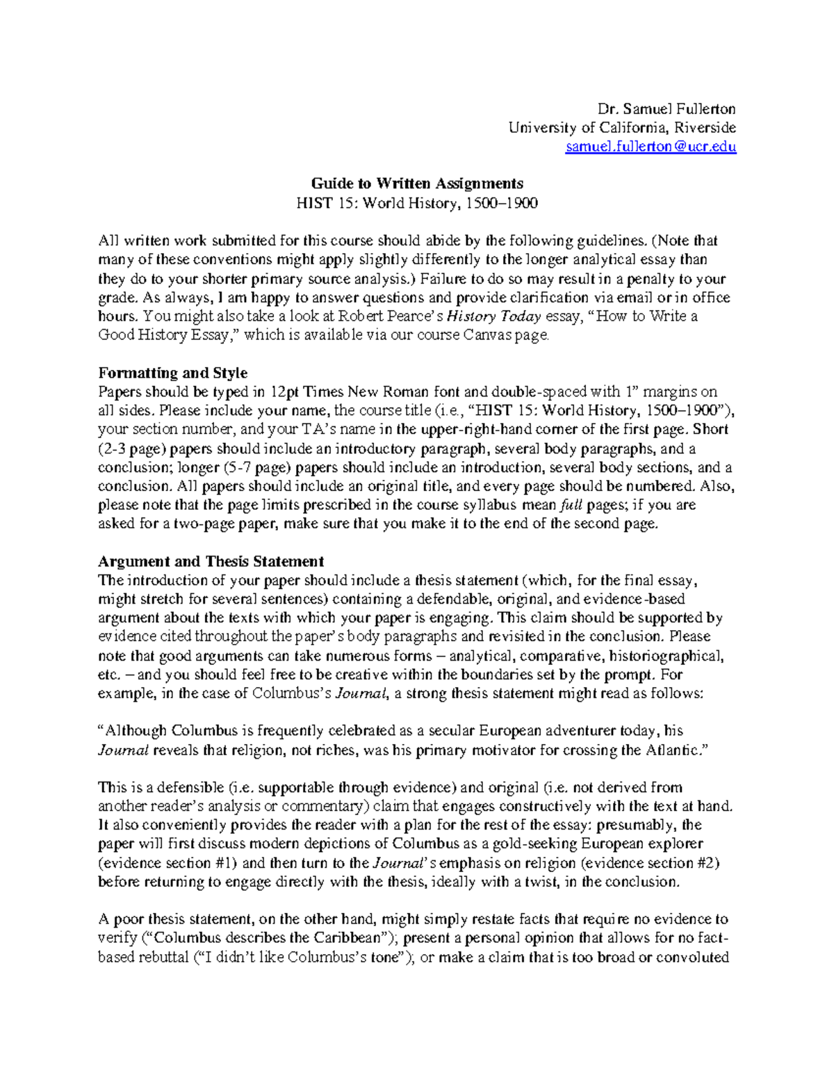 Guide to Written Assignments - HIST 15, Spring 2024 - Dr. Samuel Fullerton University of ...