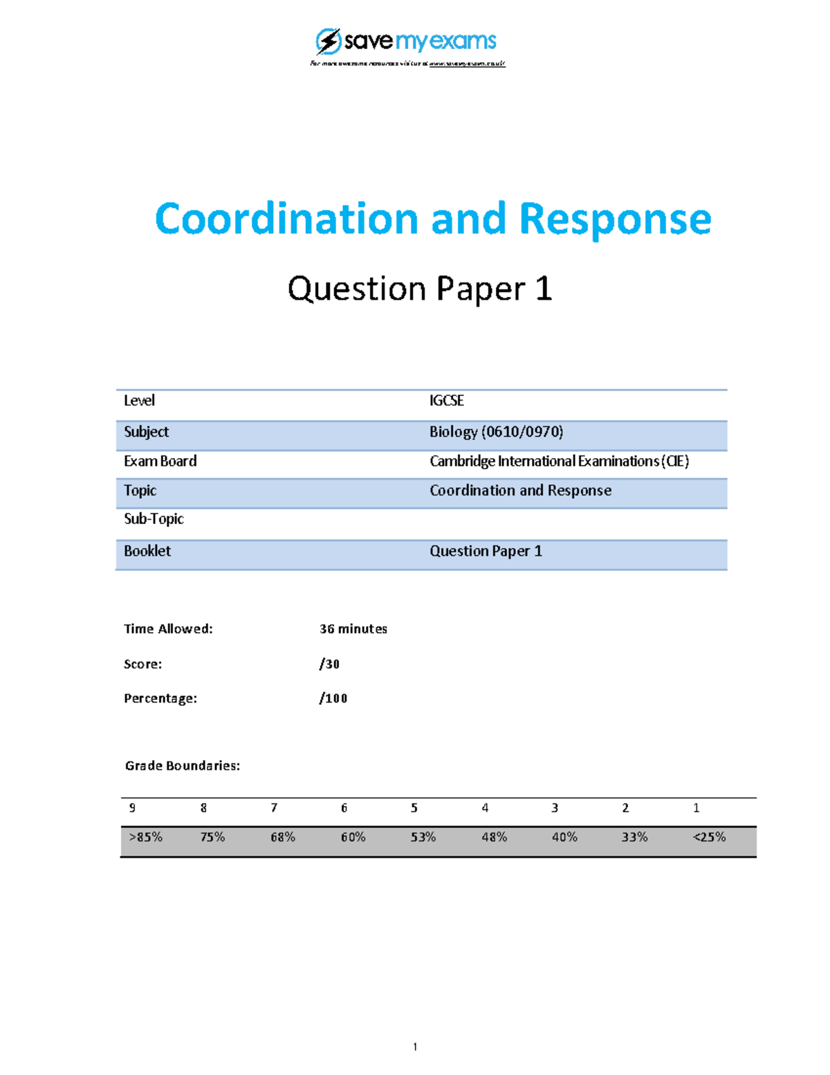 14 Coordination and Response Topic Booklet 1 CIE Igcse Biology ...