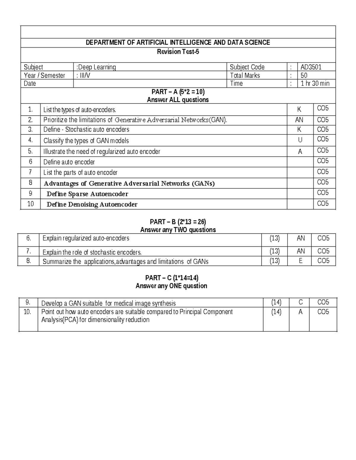 AD3501-Revision- Unit5-QP - DEPARTMENT OF ARTIFICIAL INTELLIGENCE AND ...