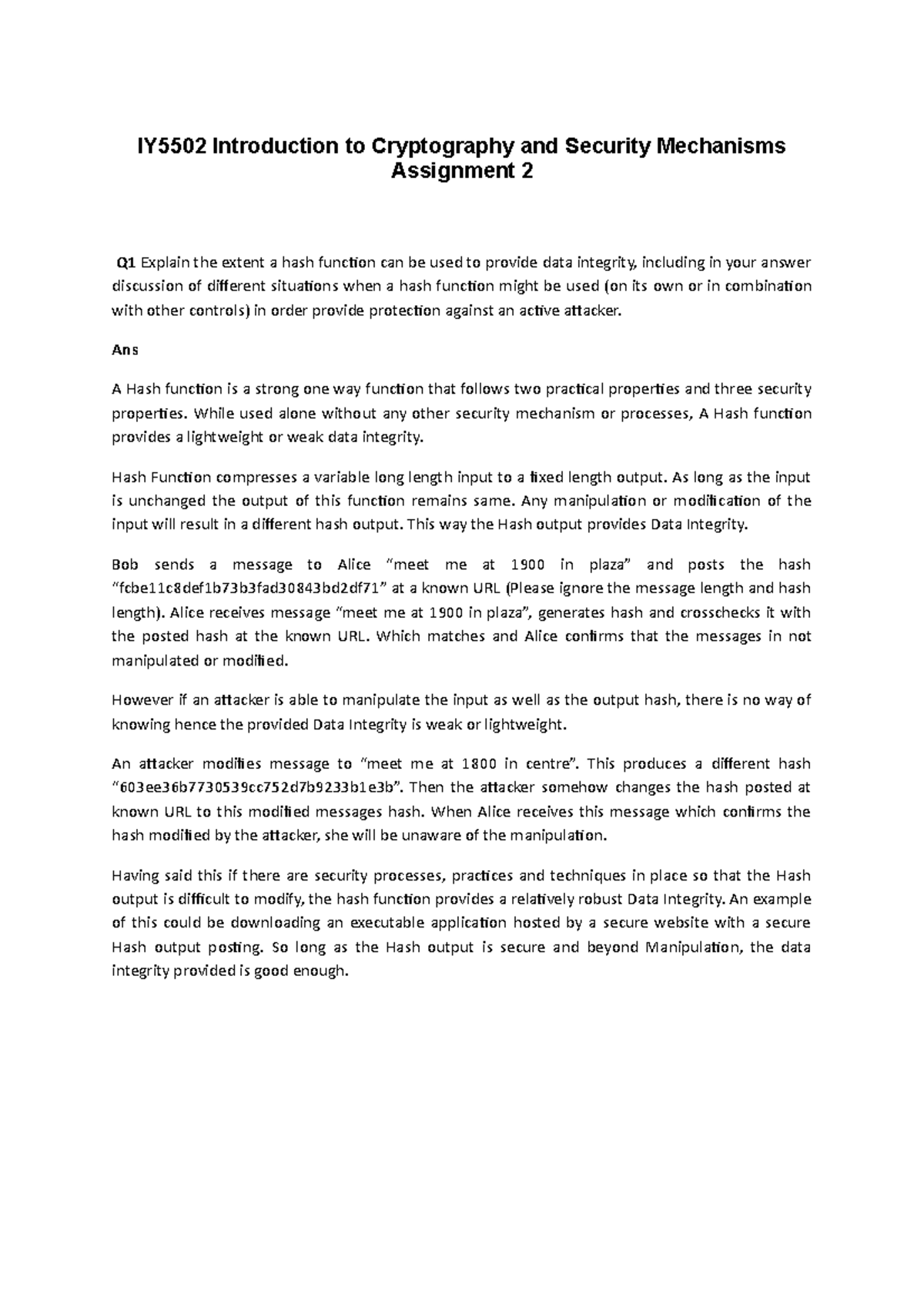 IY5502 Assign 2 - IY5502 Introduction to Cryptography and Security Mechanisms Assignment 2 Q1 ...