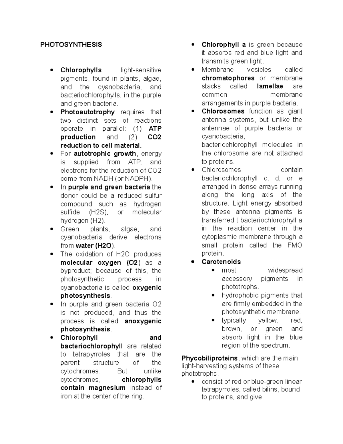 Brocks photosynthesis - PHOTOSYNTHESIS Chlorophylls light-sensitive ...