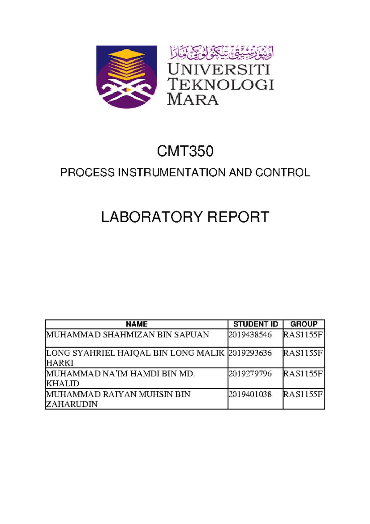CMT350 LAB Report RAS1155F - CMT PROCESS INSTRUMENTATION AND CONTROL LABORATORY REPORT NAME ...