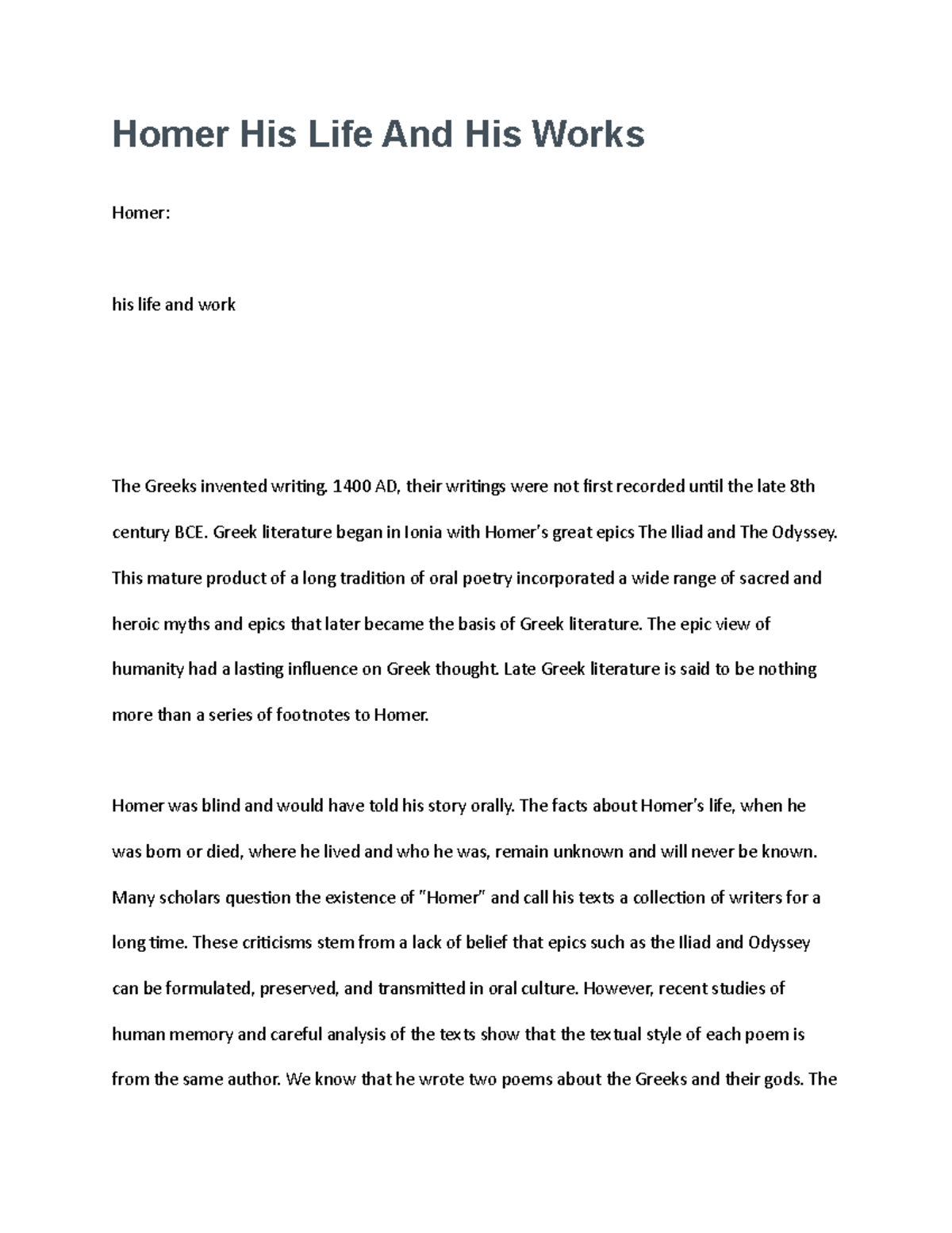 Homer His Life And His Works - Homer His Life And His Works Homer: his ...