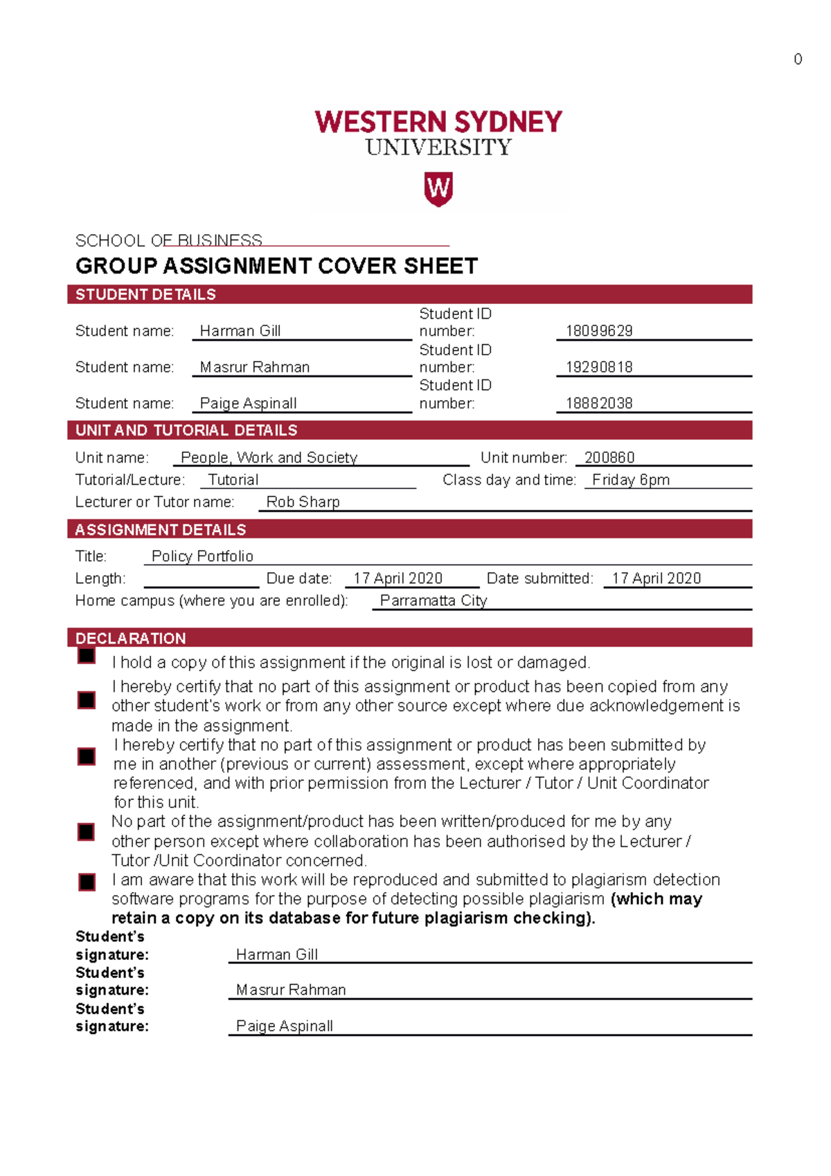 Policy- Draft-5.1 - SCHOOL OF BUSINESS GROUP ASSIGNMENT COVER SHEET ...