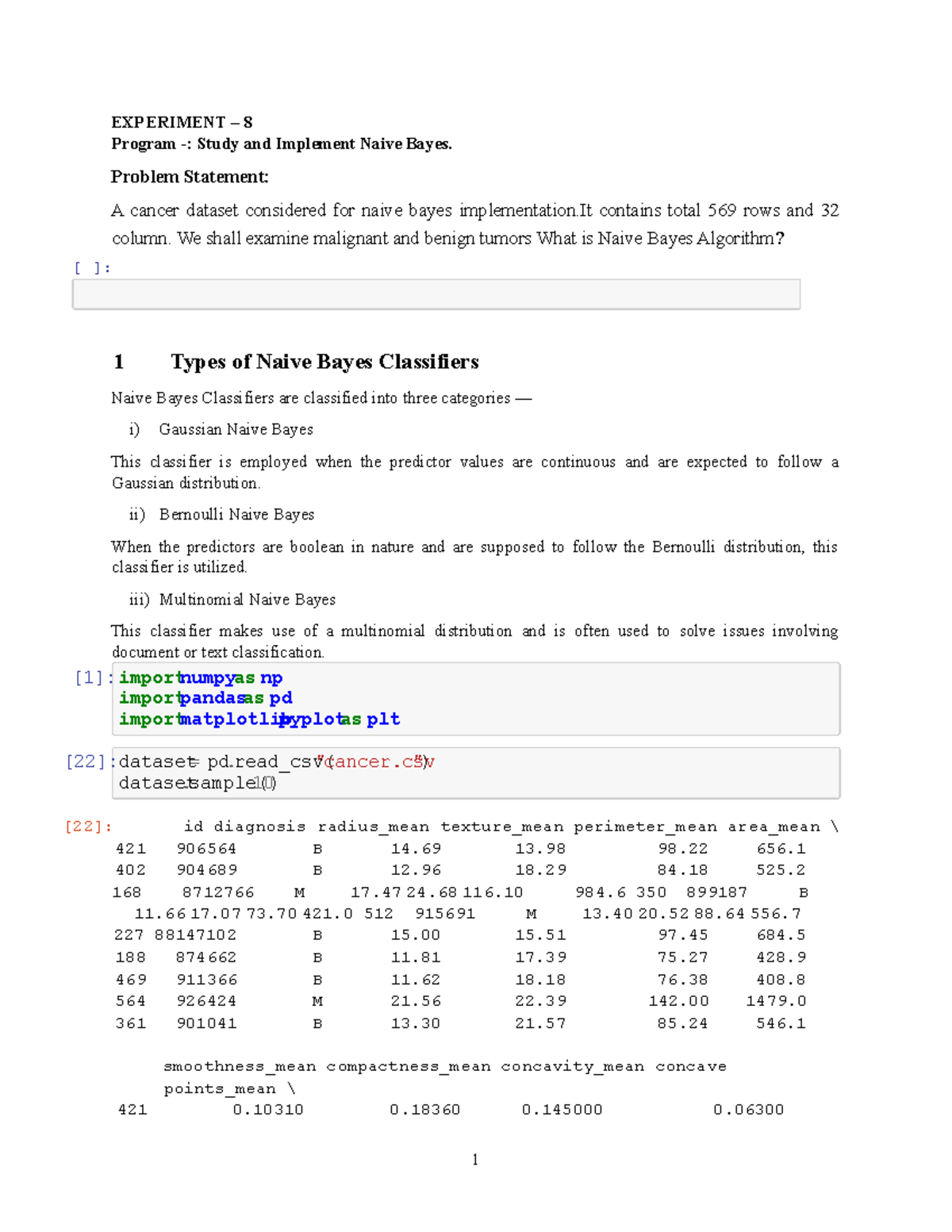 ML program 8 - EXPERIMENT – 8 Program -: Study and Implement Naive ...