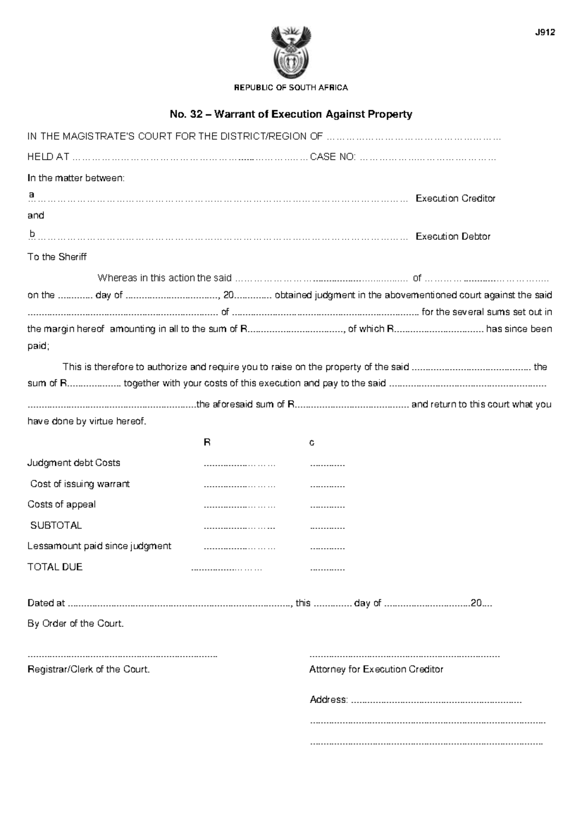 J912-form32 - Template Warrant of Execution of assets - J REPUBLIC OF ...