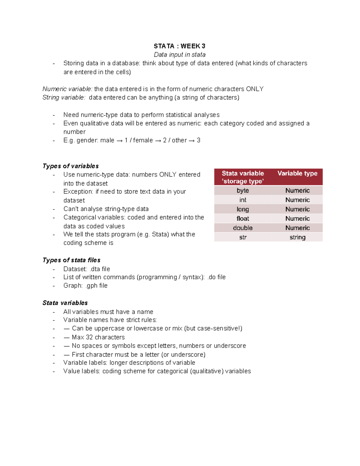 1105 Final Stata Summary - STATA : WEEK 3 Data input in stata Storing ...