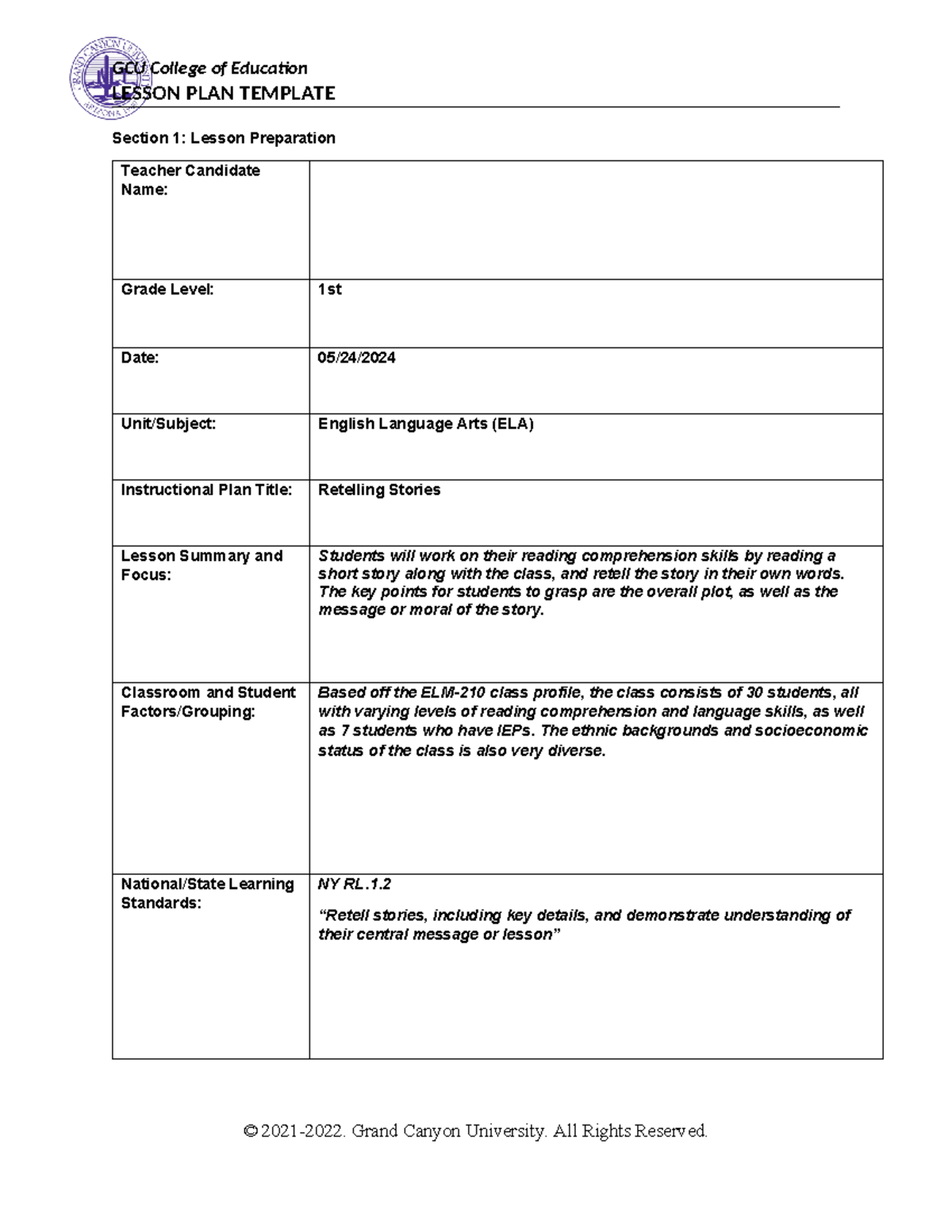 ELM-210 Benchmark Lesson Plan - LESSON PLAN TEMPLATE Section 1: Lesson ...