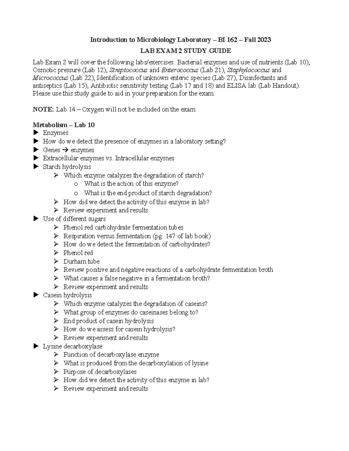 BI162 - Study guide - Lab Exam 2 - FA23 - Introduction to Microbiology ...