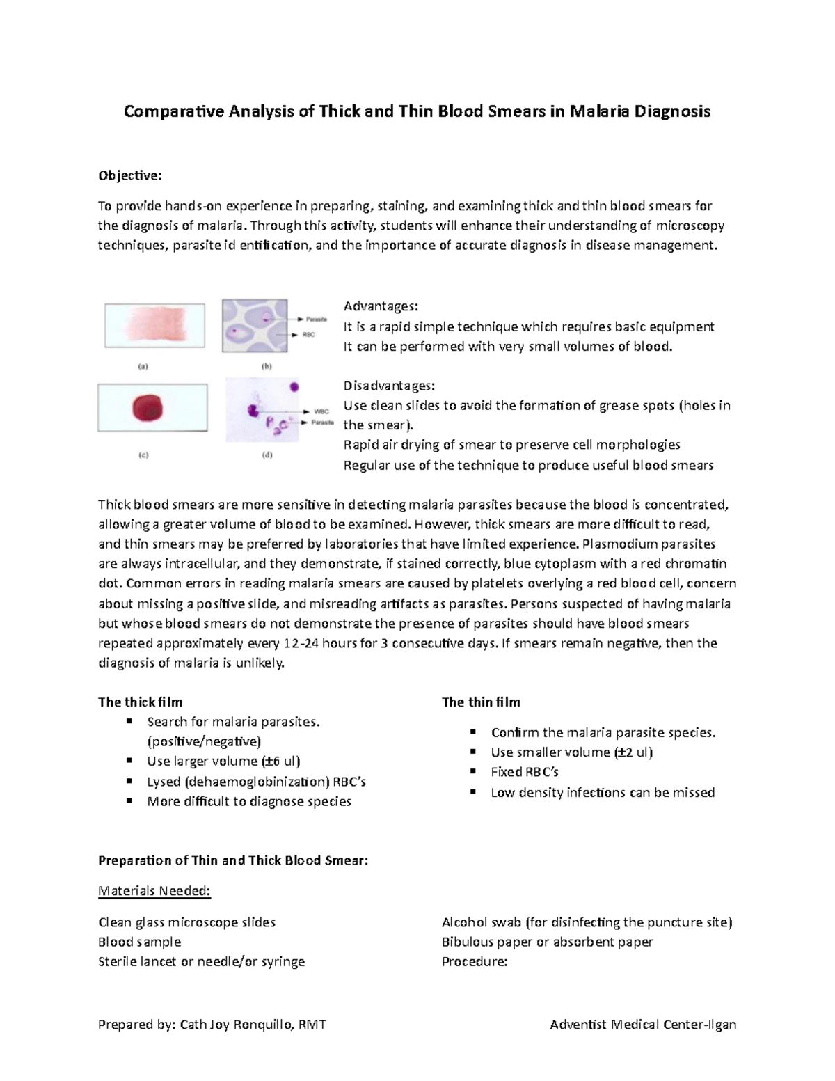 Thick AND THIN Smear LAB pdf - Comparative Analysis of Thick and Thin ...