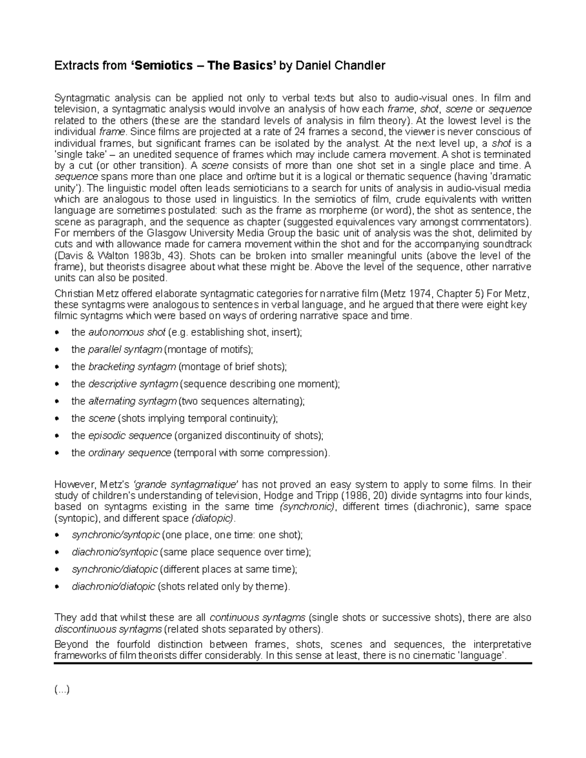 Chandler-extracts - Extracts from ‘Semiotics – The Basics’ by Daniel Chandler Syntagmatic ...