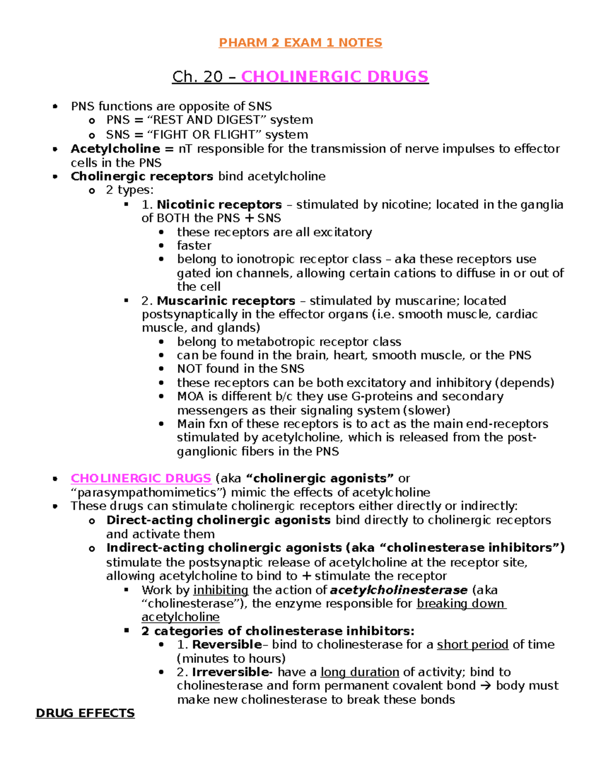 Pharm 2 EXAM 1 - PHARM 2 EXAM 1 NOTES Ch. 20 CHOLINERGIC DRUGS PNS ...