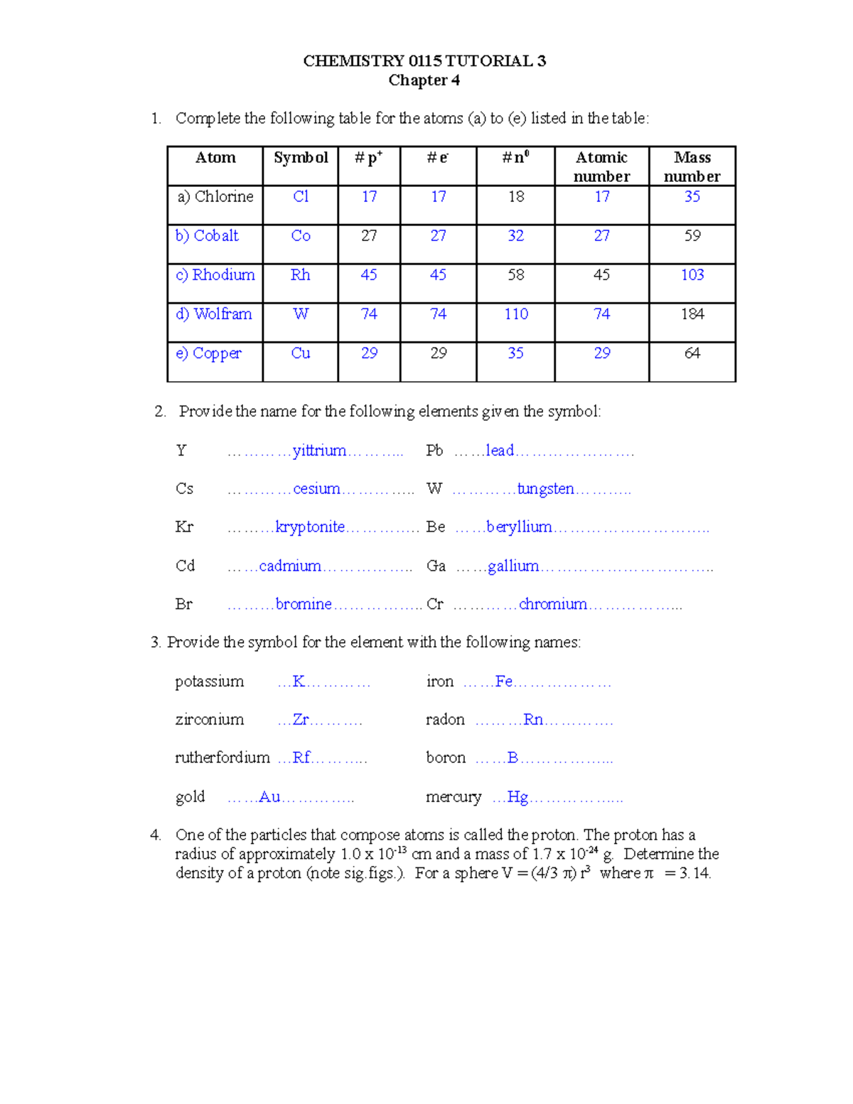 Chem 0115 Tutorial 3 Chapter 4 atomic structure answers - CHEMISTRY ...