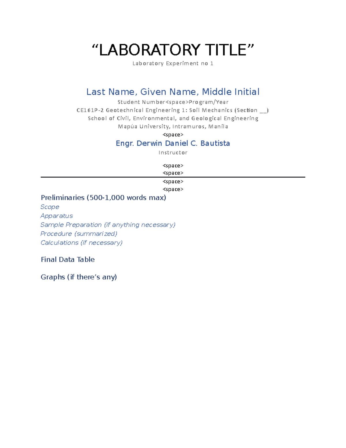 LAB Report Template 8 - “LABORATORY TITLE” Laboratory Experiment no 1 ...