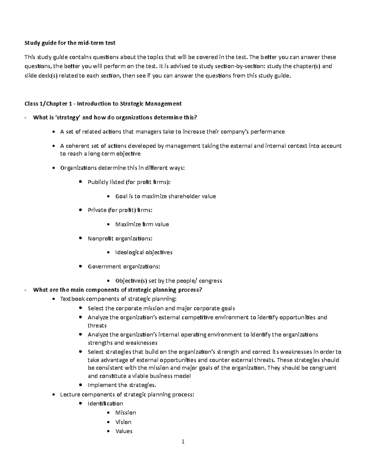 Test 1 Study Guide - Grade: A - Study guide for the mid-term test This ...