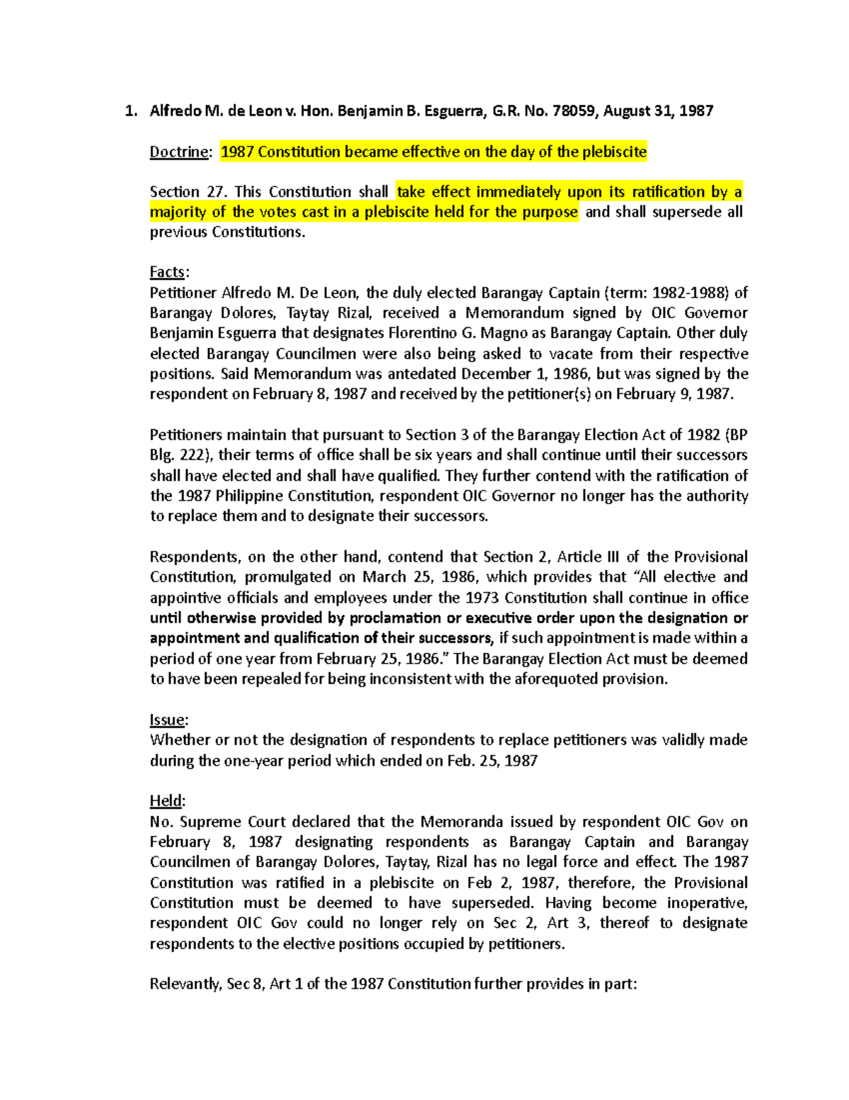 De Leon v. Esguerra - Case Digest - Alfredo M. de Leon v. Hon. Benjamin ...