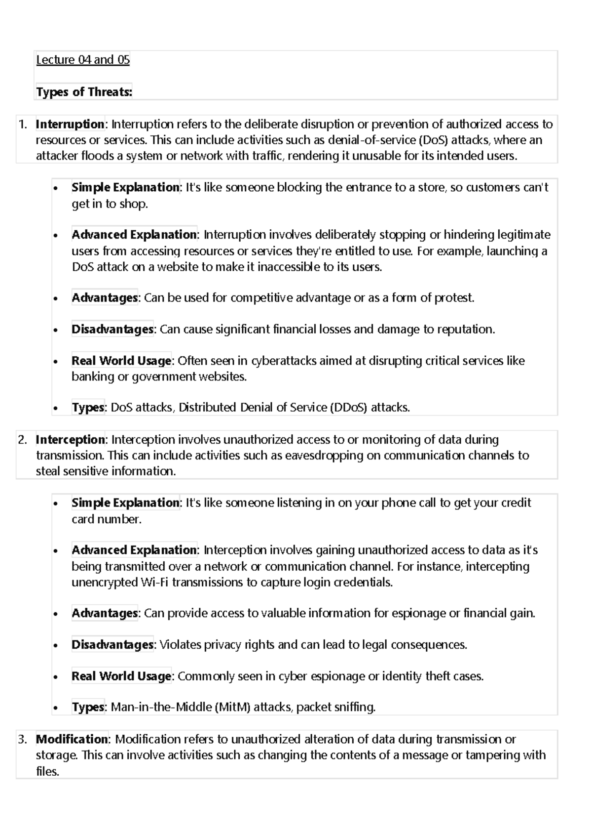 Lecture 04 and 05 - shortnote - Lecture 04 and 05 Types of Threats ...